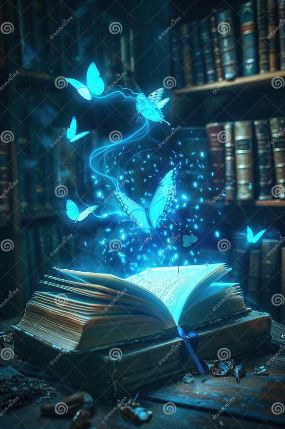 Opened Magic Book with Butterflies Flying Out of it. Stack of Books ...