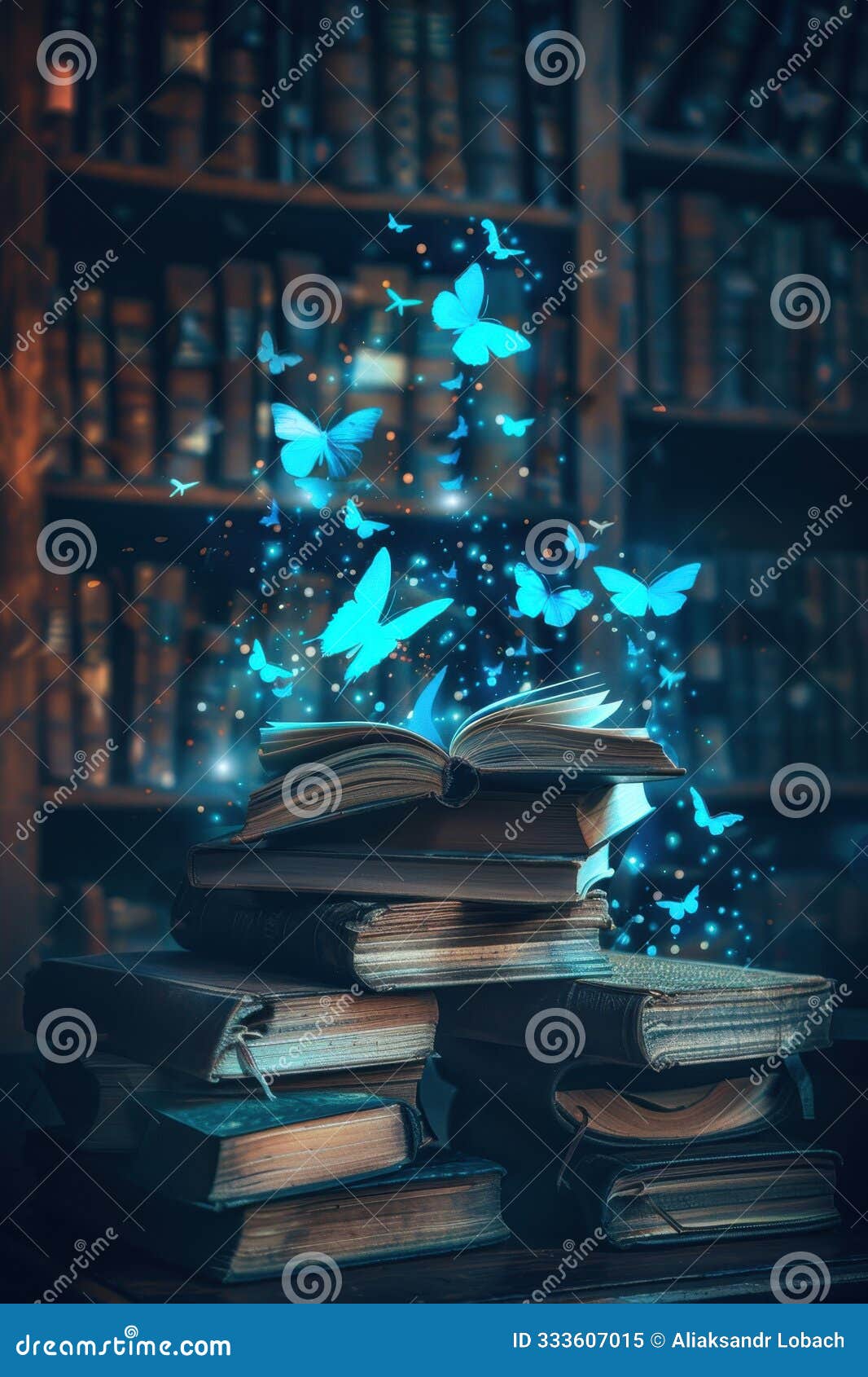 Opened Magic Book with Butterflies Flying Out of it. Stack of Books ...