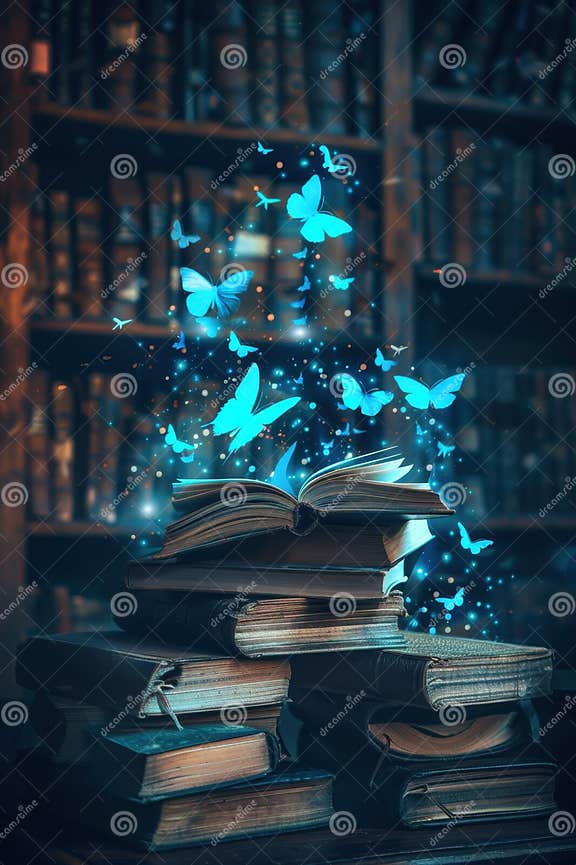 Opened Magic Book with Butterflies Flying Out of it. Stack of Books ...