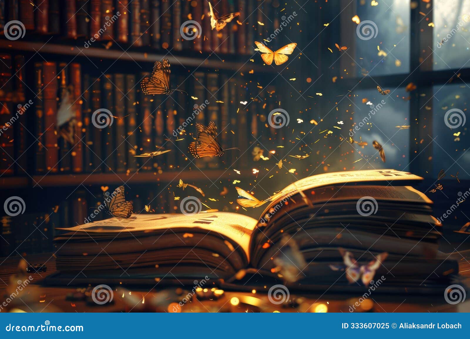 Opened Magic Book with Butterflies Flying Out of it. Stack of Books ...