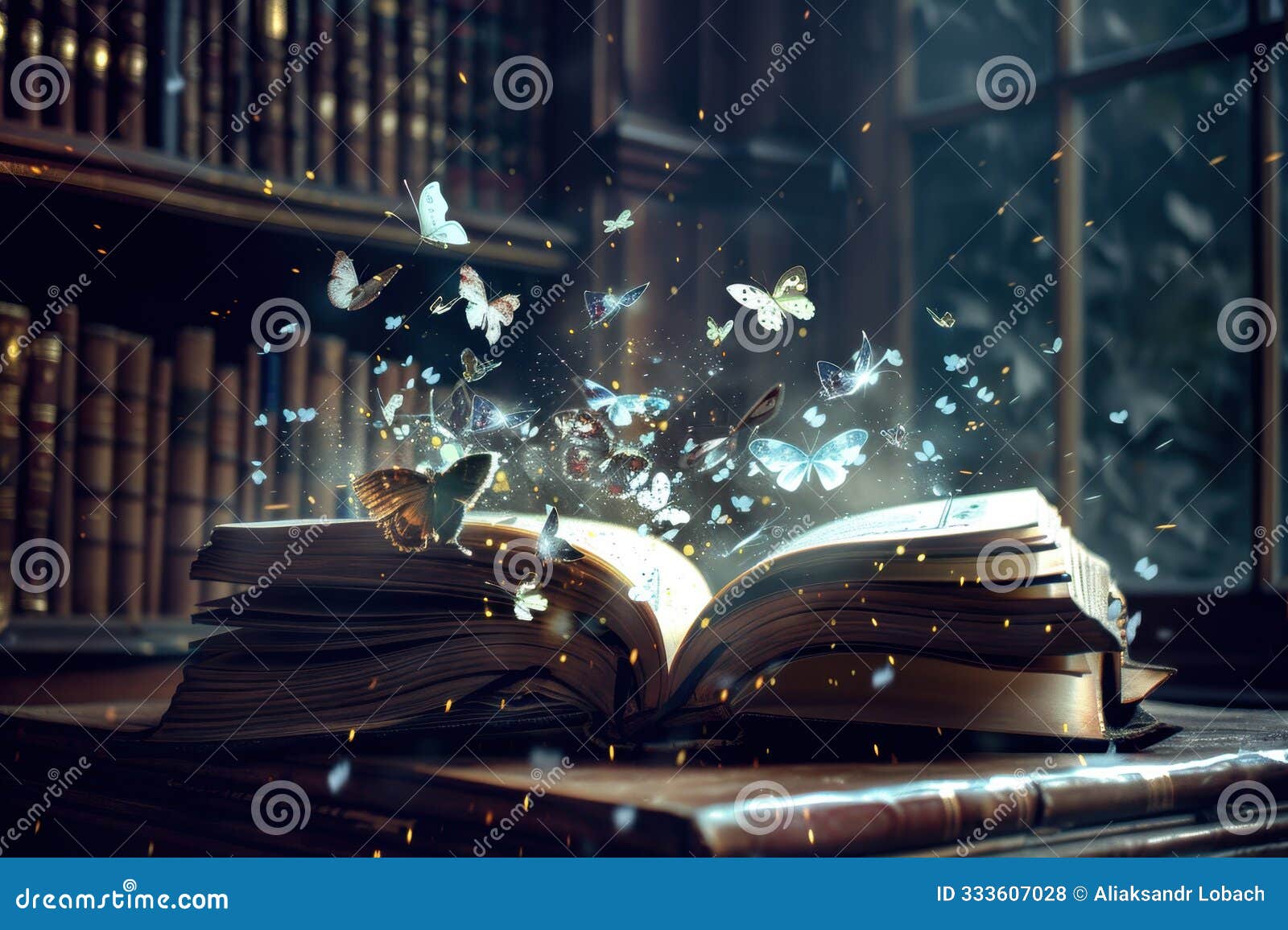 Opened Magic Book with Butterflies Flying Out of it. Stack of Books ...