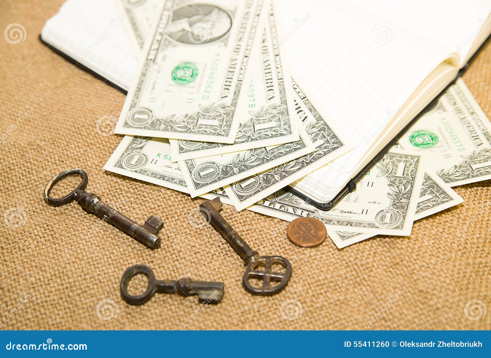 Opened Notebook, Keys and Money on the Old Tissue Stock Photo - Image ...
