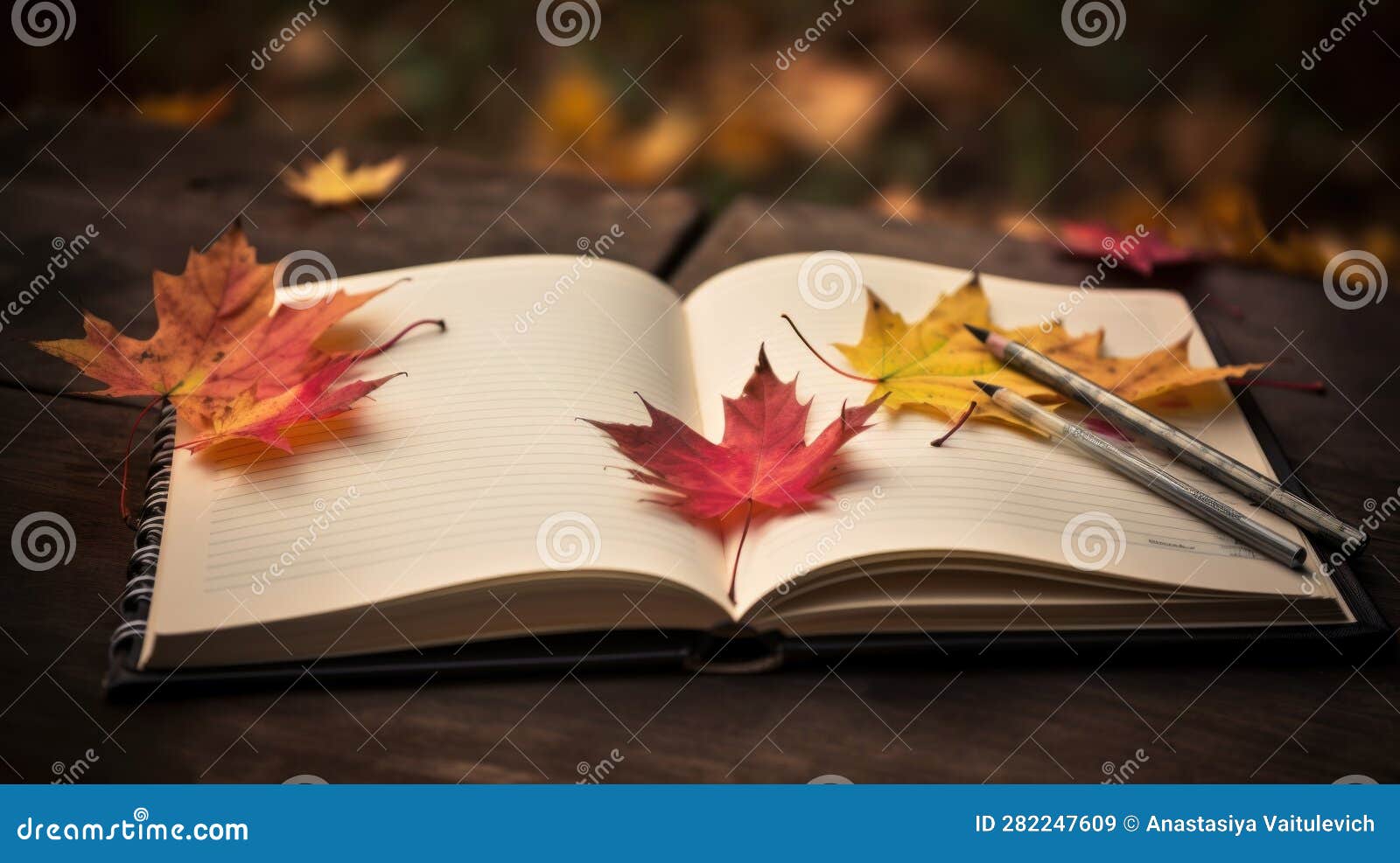 Opened Notebook with Maple Leaves on the Bench. Copy Space Stock Image ...