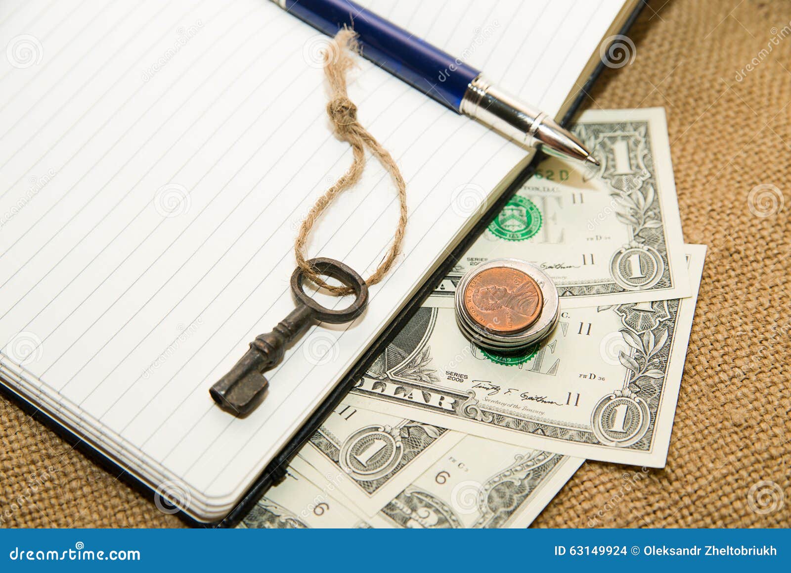 Opened Notebook, Pen and Money on the Old Tissue Stock Photo - Image of ...