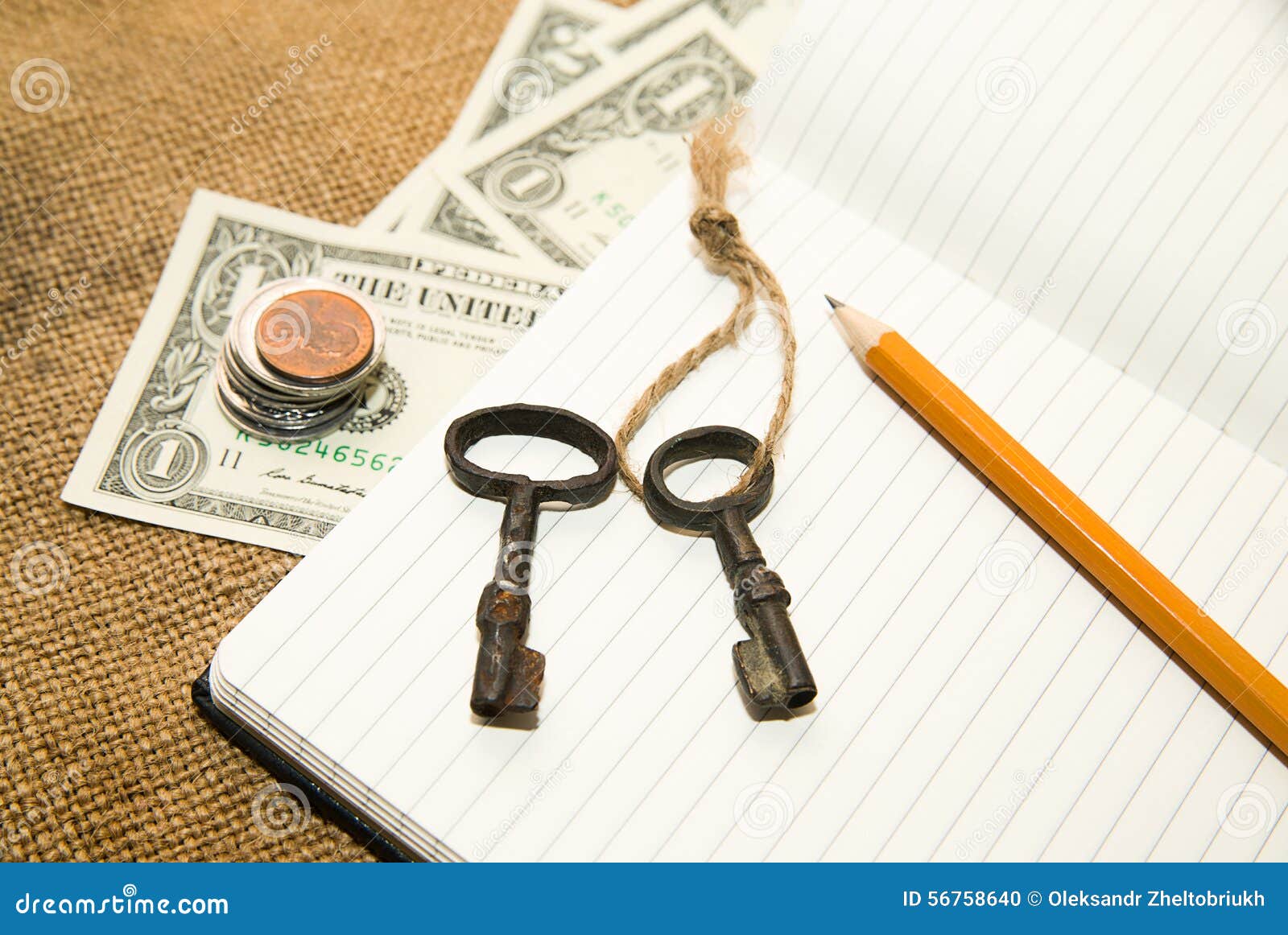 Opened Notebook, Pencil, Key and Money on the Old Tissue Stock Photo ...