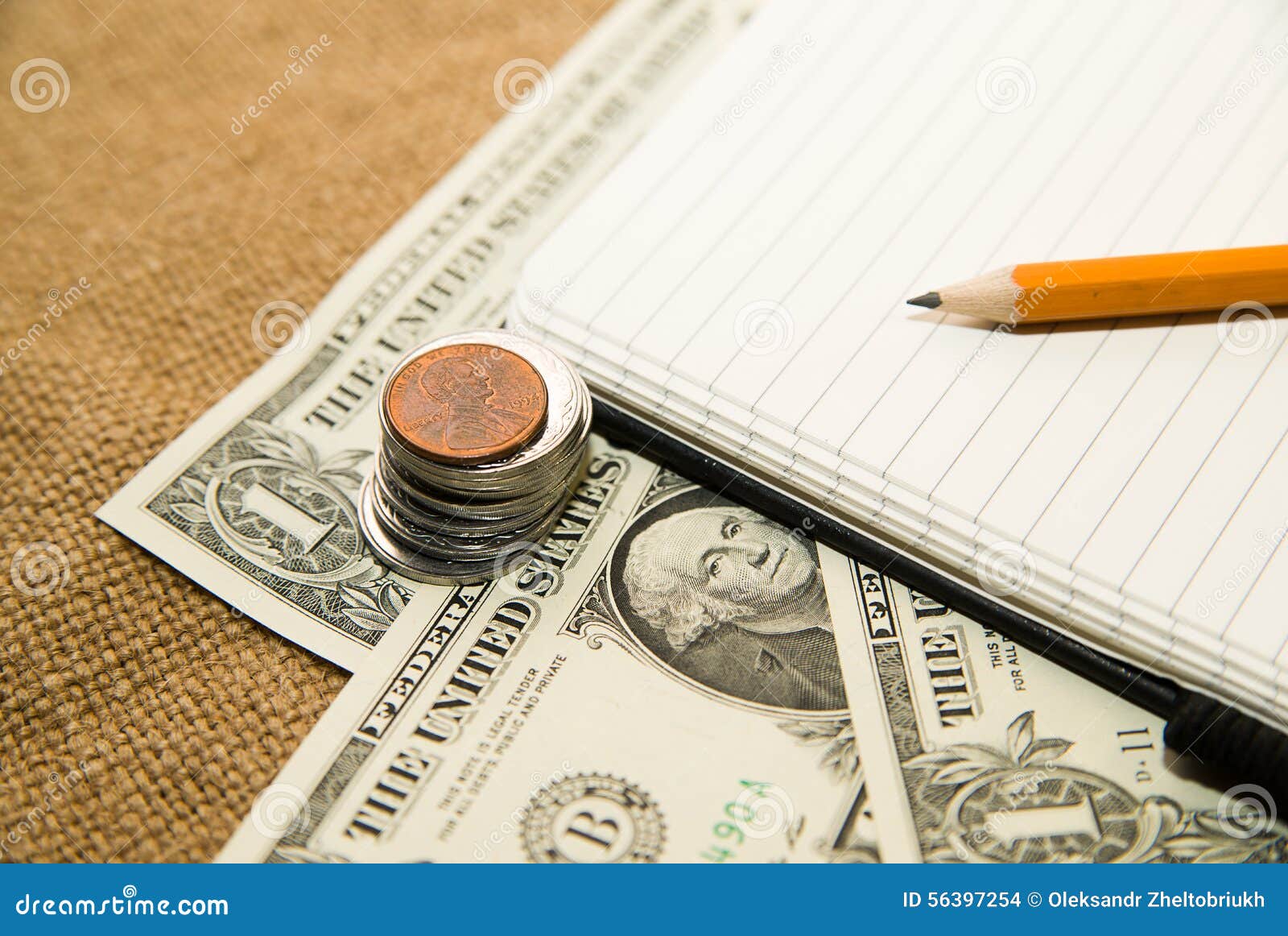 Opened Notebook, Pencil and Money on the Old Tissue Stock Photo - Image ...