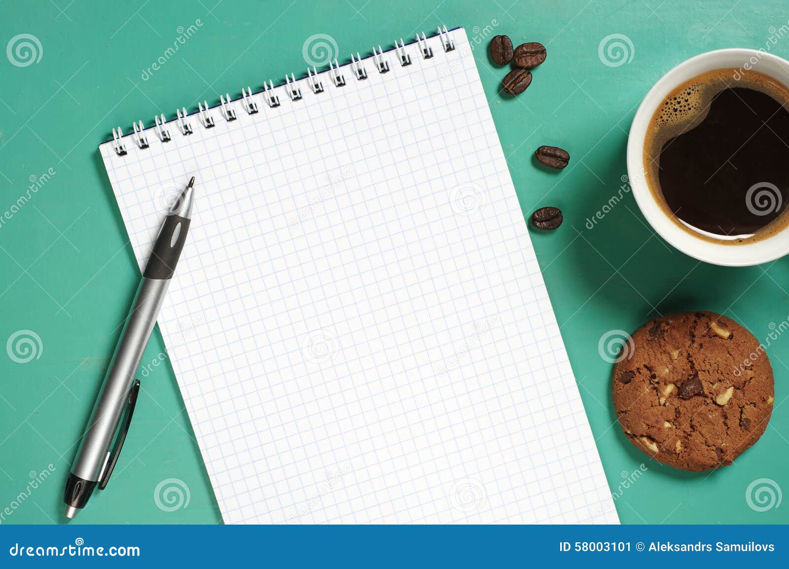 Opened notepad and coffee stock image. Image of page - 58003101