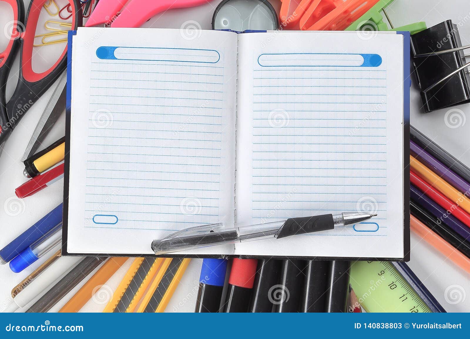 Opened Notepad on Office Supplies on White Background Stock Image ...