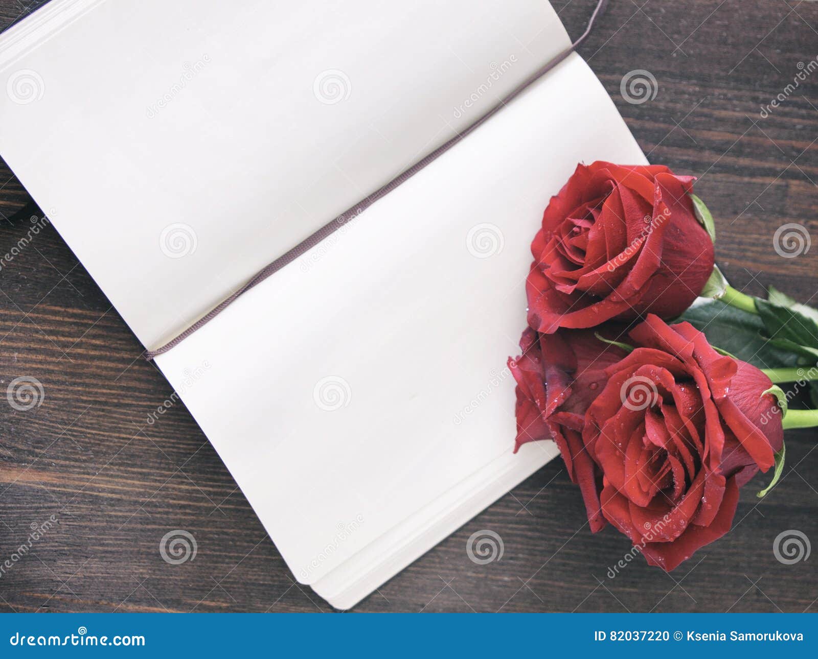 Opened Notepad and Red Roses. Template Stock Photo - Image of mock ...
