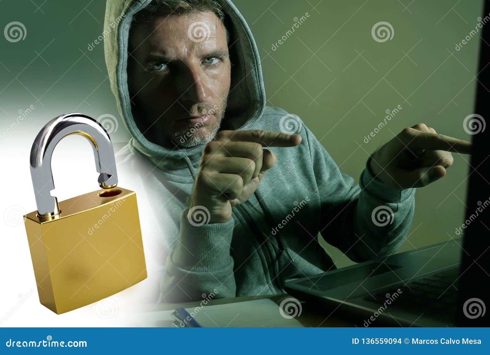 Opened Padlock Composite with Young Dangerous and Skilled Hacker ...