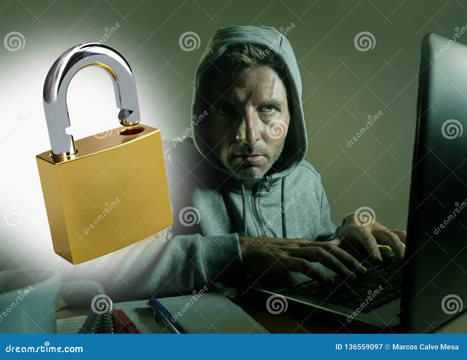 Opened Padlock Composite with Young Dangerous and Skilled Hacker ...