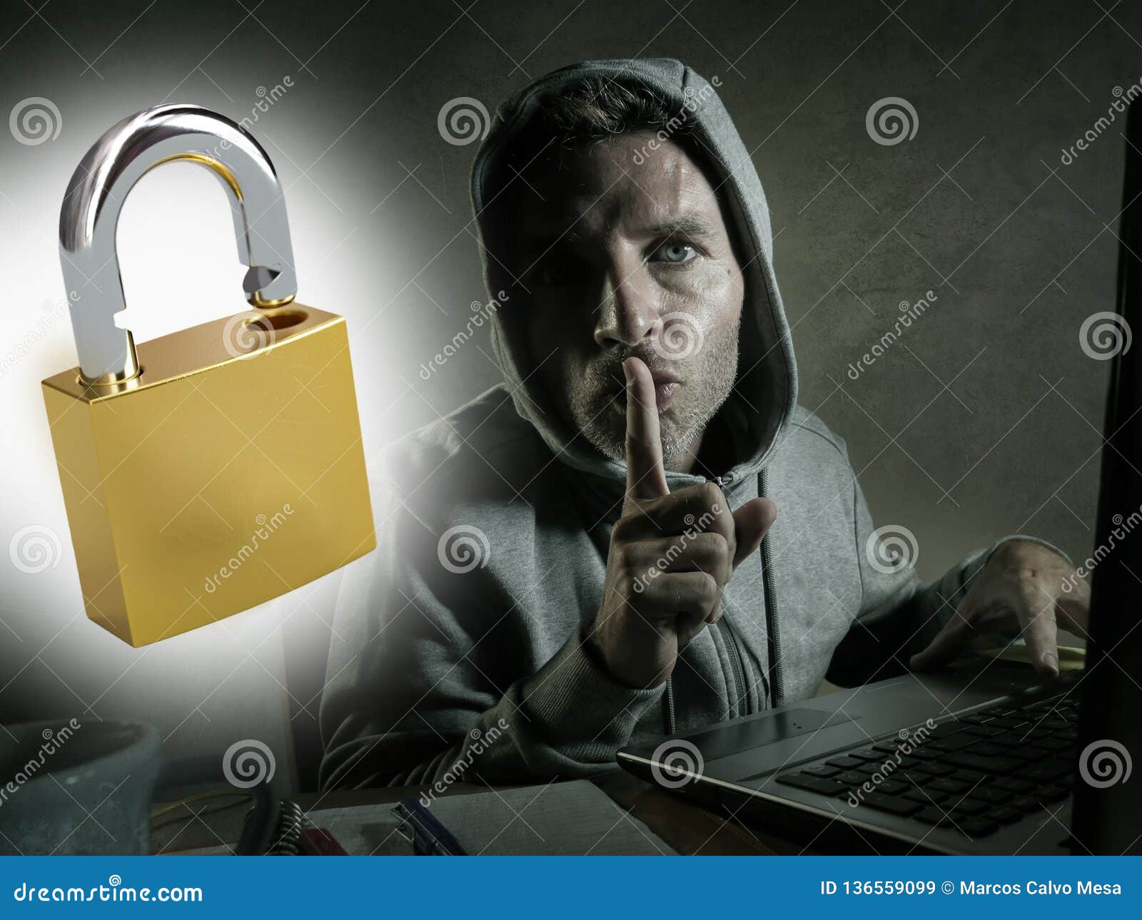 Opened Padlock Composite with Young Dangerous and Skilled Hacker ...