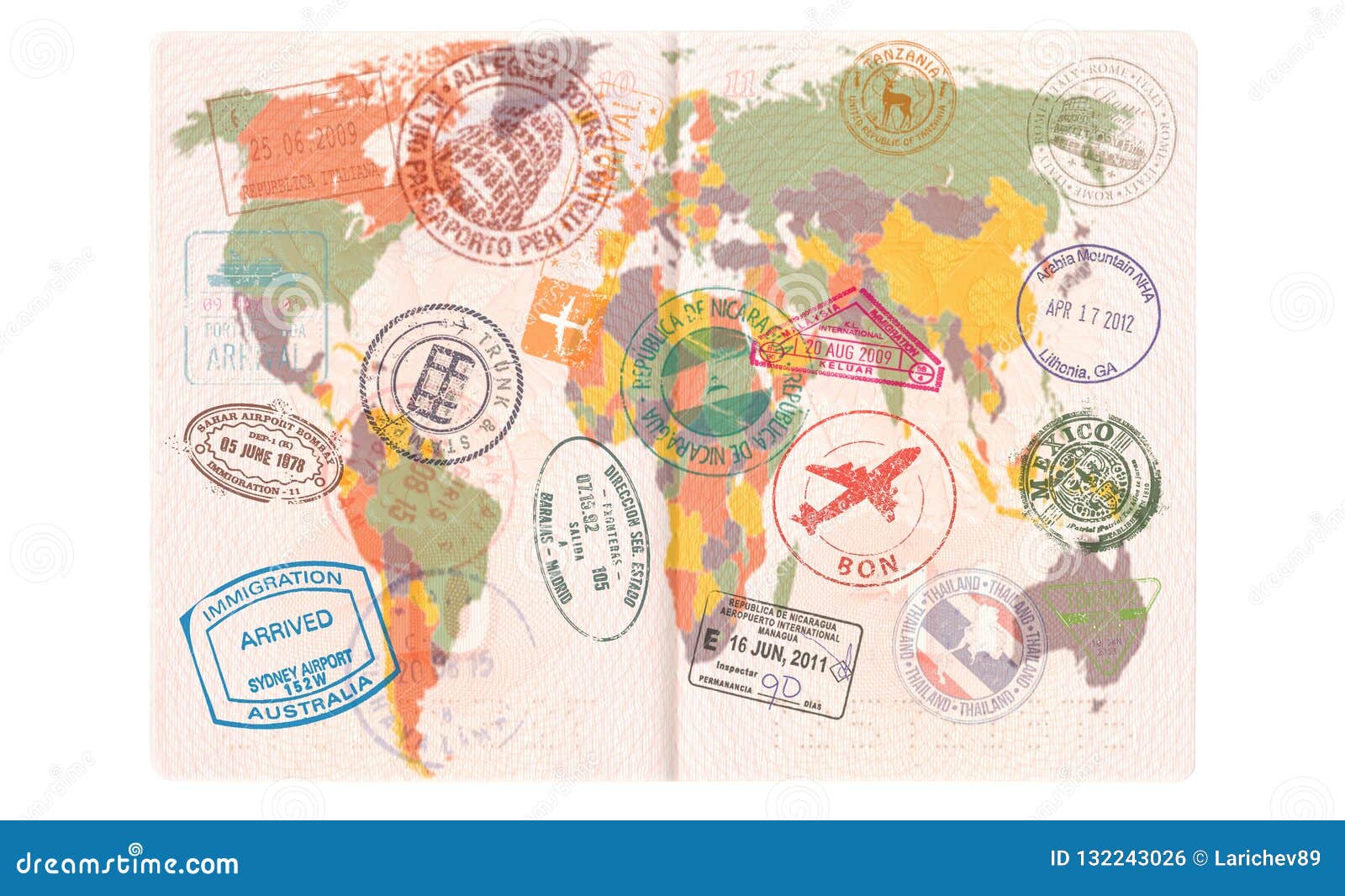 Opened Passport With Visas Stamps Seals World Map Travel Or Tourism