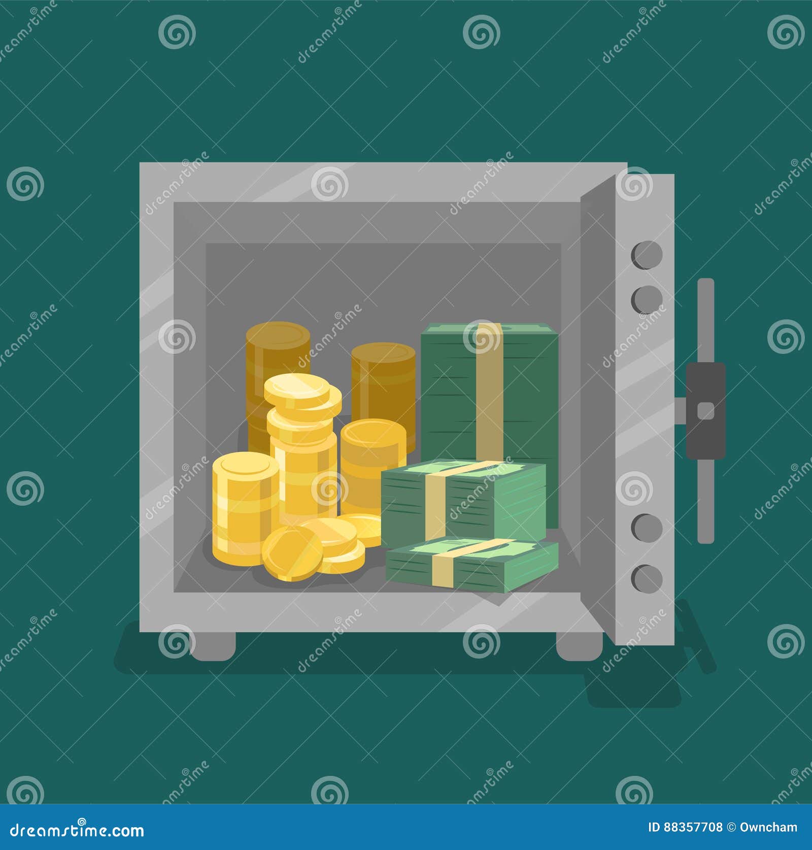 Opened Safe with Coins and Cash in Front View. Flat Style Stock Vector ...