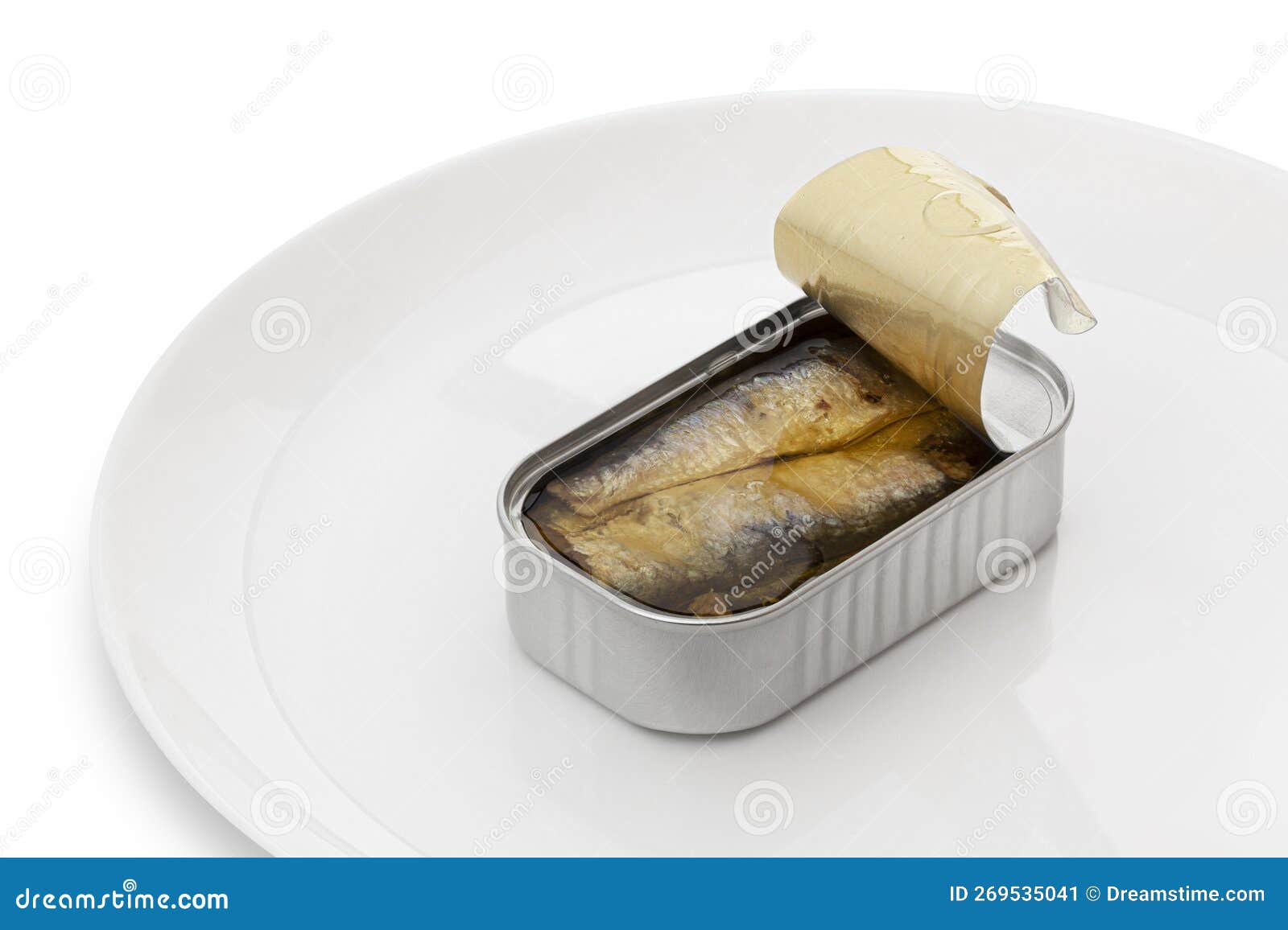Opened Sardine Preserve Fish Can on a White Plate. with Clipping Path ...