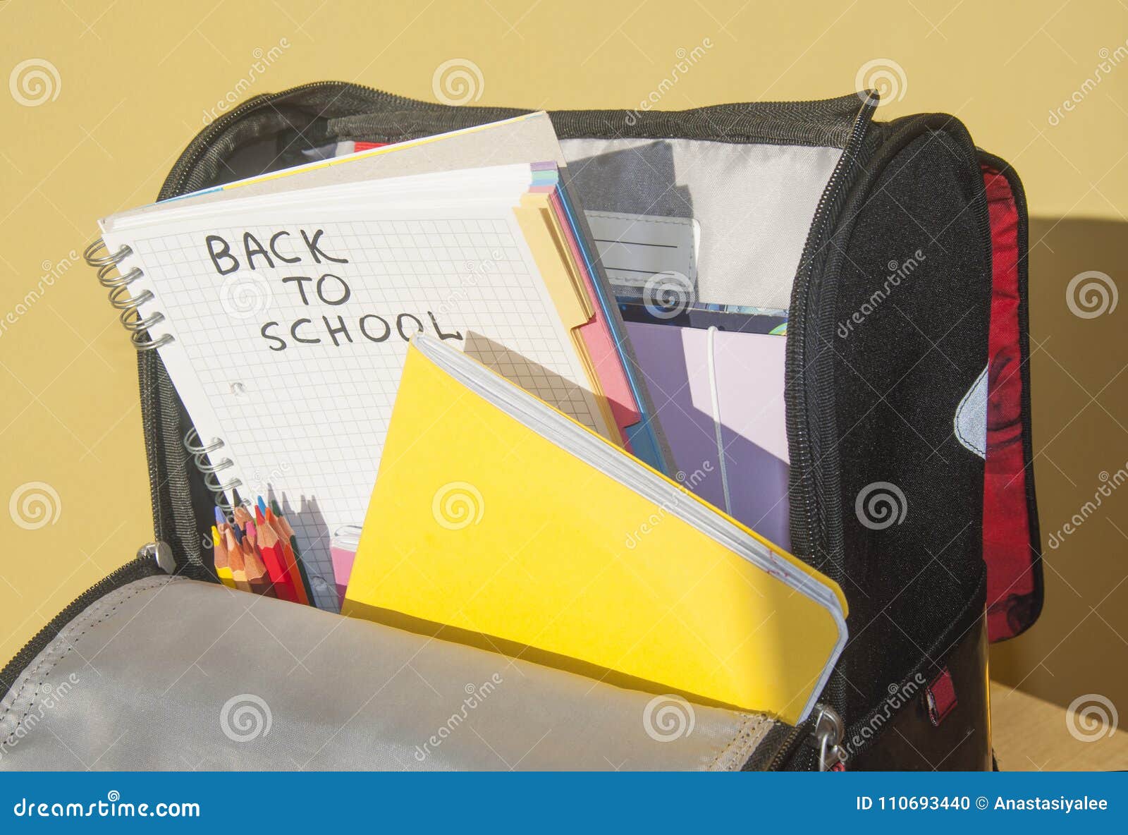 Opened School Bag with Notebooks Stock Photo - Image of grade, yellow ...