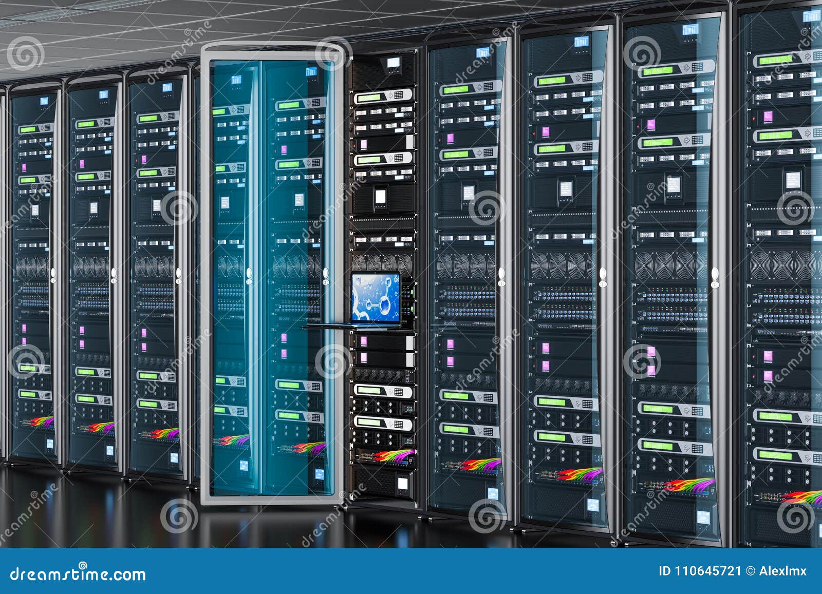 Opened Server Rack with Console in Server Room. 3D Rendering Stock ...