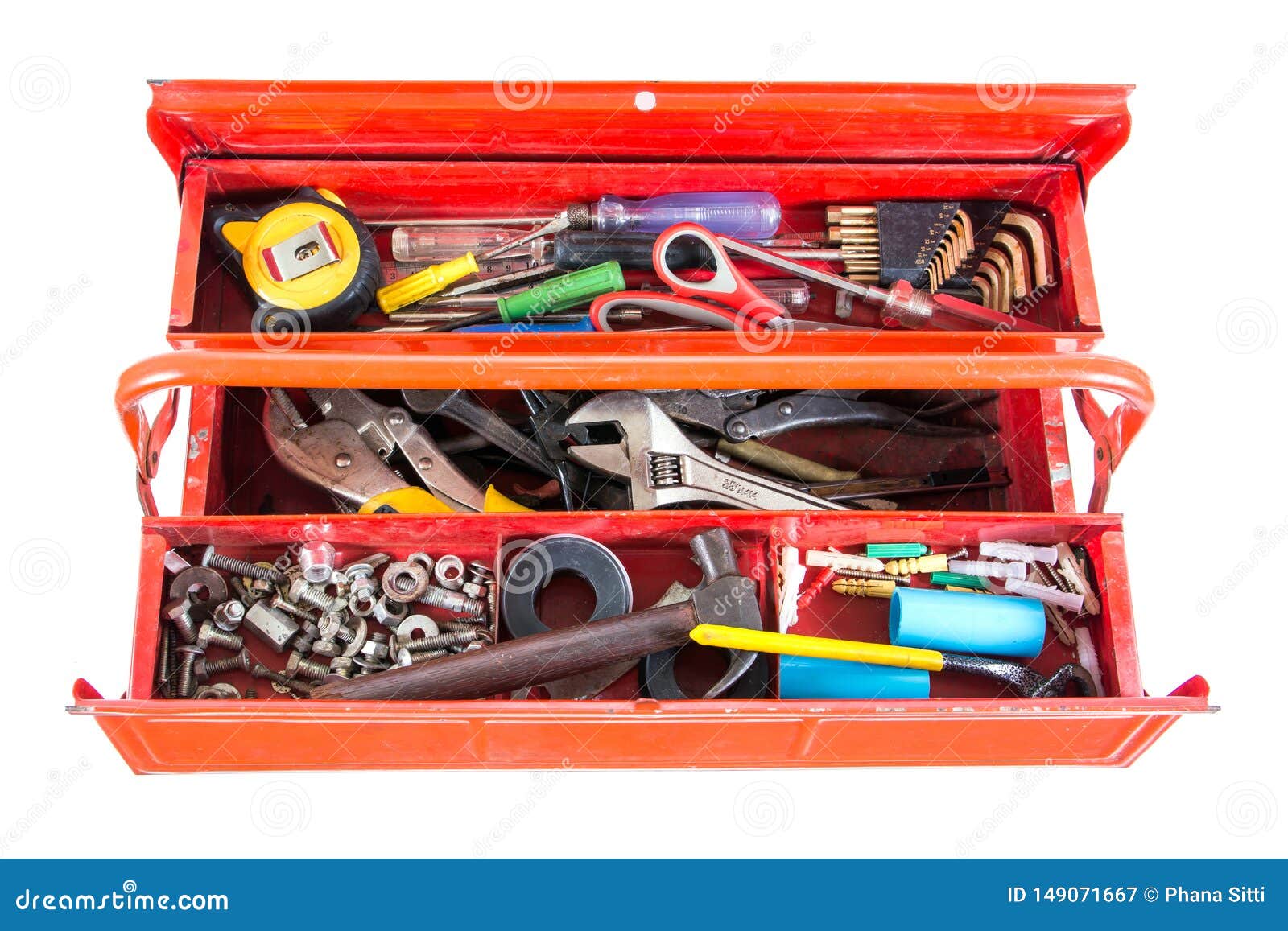 Opened Tool Box with Tools Isolated on White Background. Metal Toolbox ...