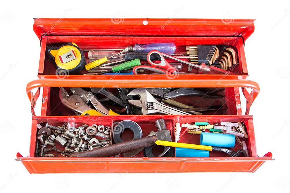 Opened Tool Box with Tools Isolated on White Background. Metal Toolbox ...