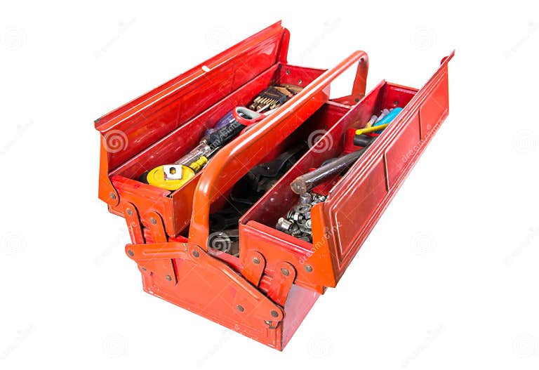 Opened Tool Box with Tools Isolated on White Background. Metal Toolbox ...