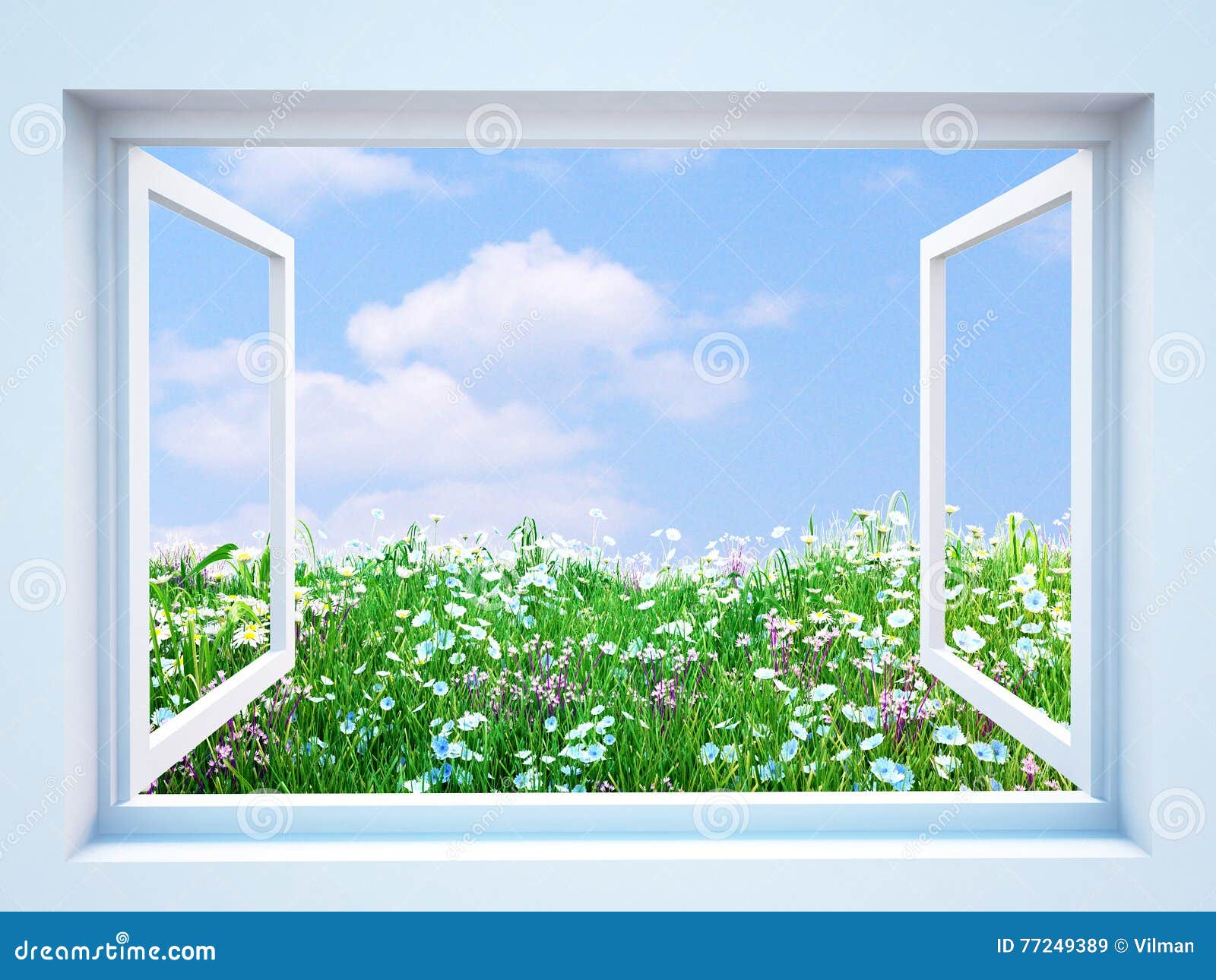 Opened Window with Meadow View Stock Illustration - Illustration of ...