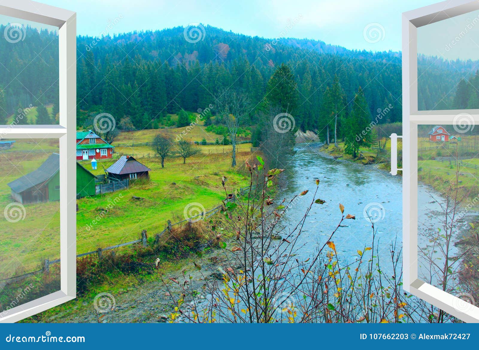 Opened Window Overlooking the River and Mountains Stock Image - Image ...