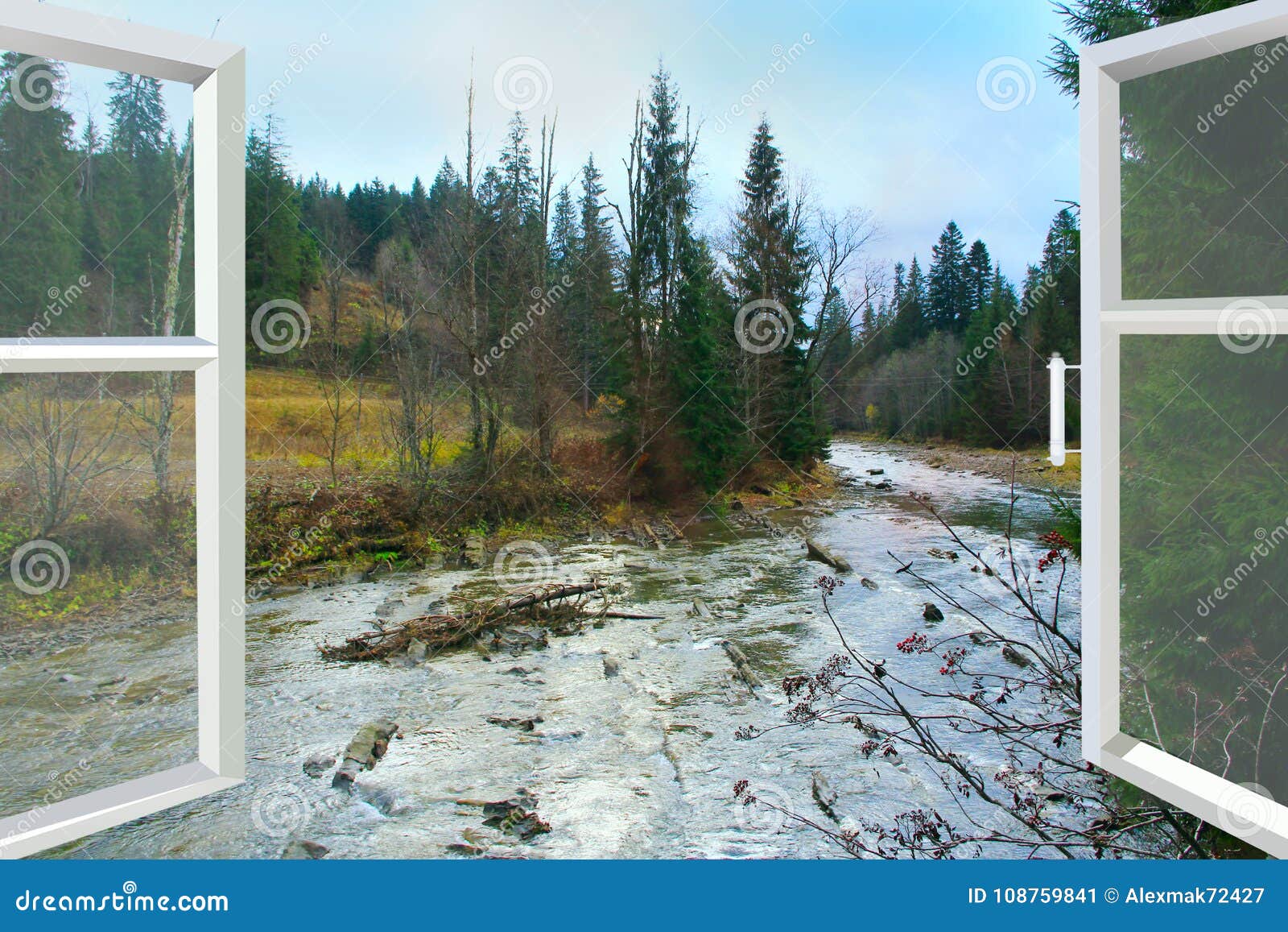 Opened Window Overlooking the River and Mountains Stock Image - Image ...