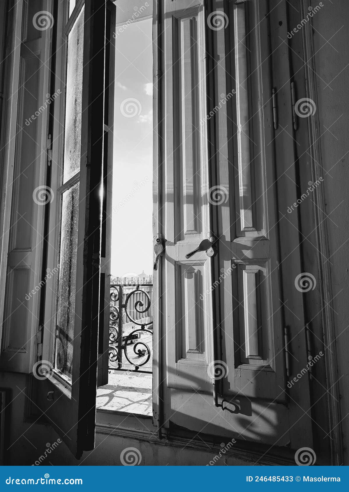 Opened Window. View from Interior. Black and White Photography of an ...