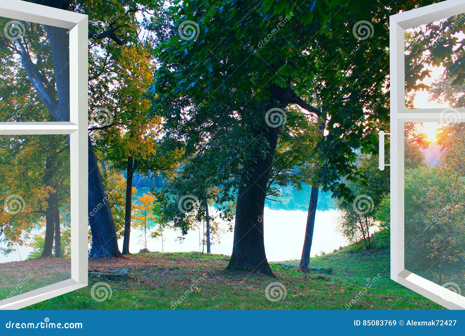 Opened Window with View To Forest Lake Stock Image - Image of battery ...