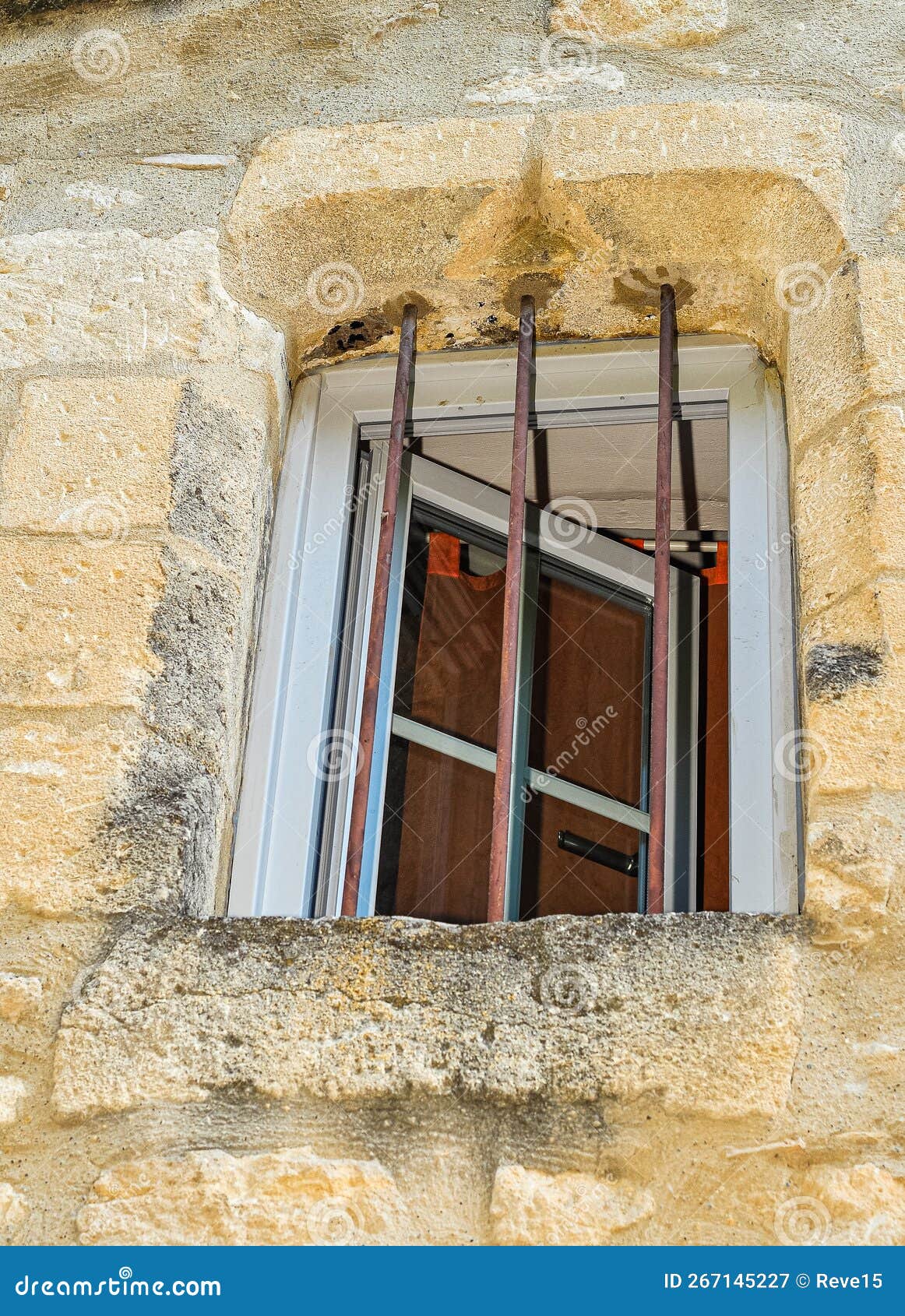 Opened, Wood Framed Window, with Iron, Protective Bars Stock Image ...