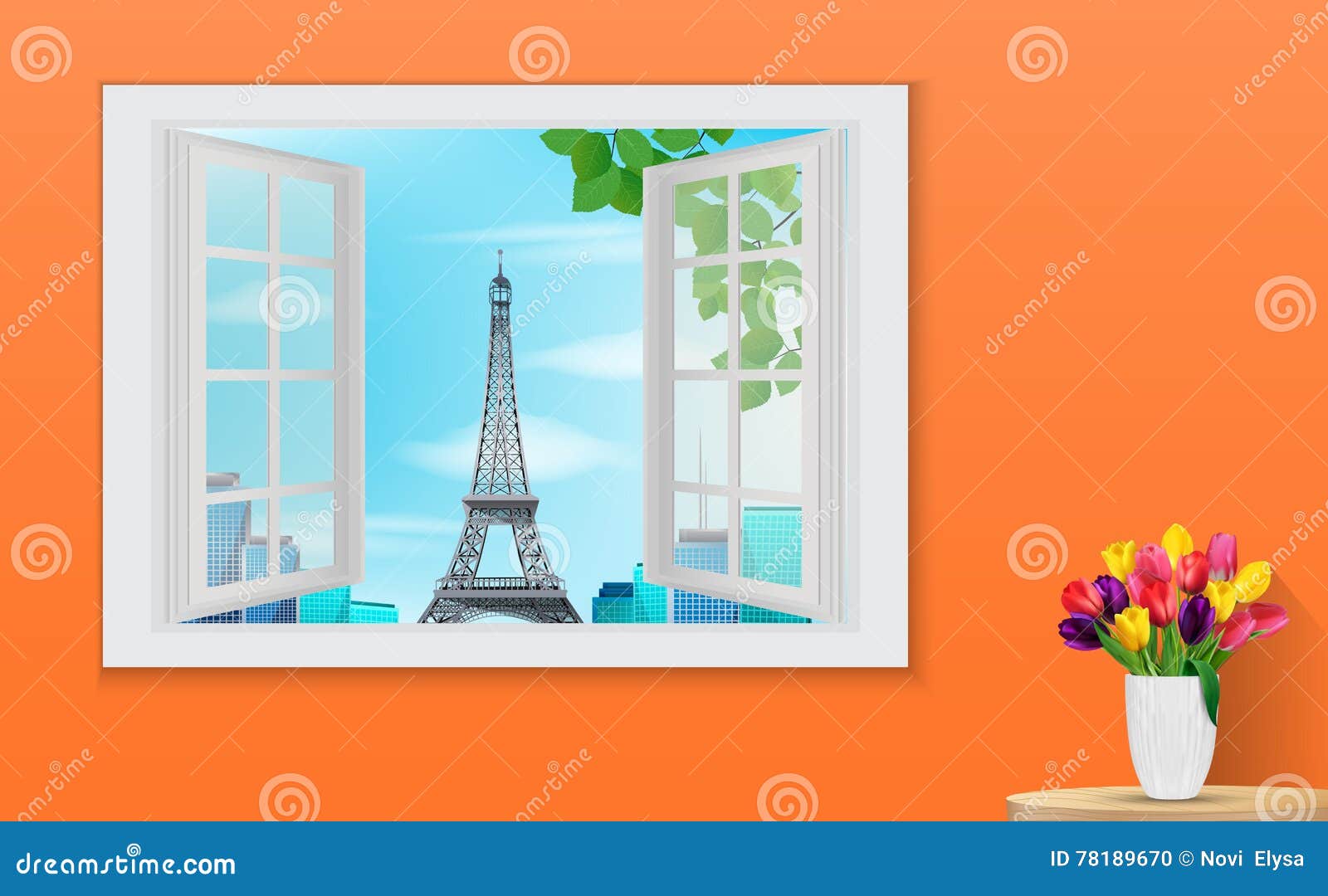 Opened Wooden Window and View on Eiffel Tower Stock Vector ...