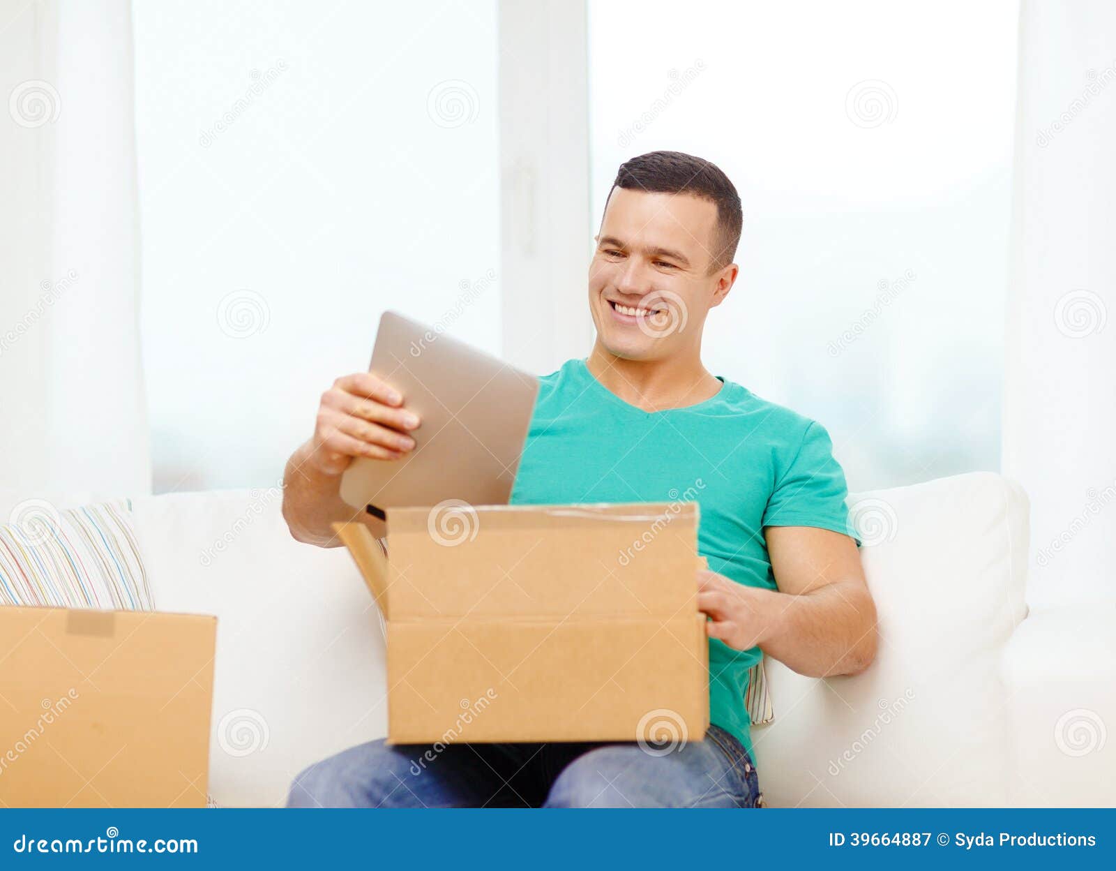 Opening Cardboard Box and Taking Out Tablet Pc Stock Image - Image of ...