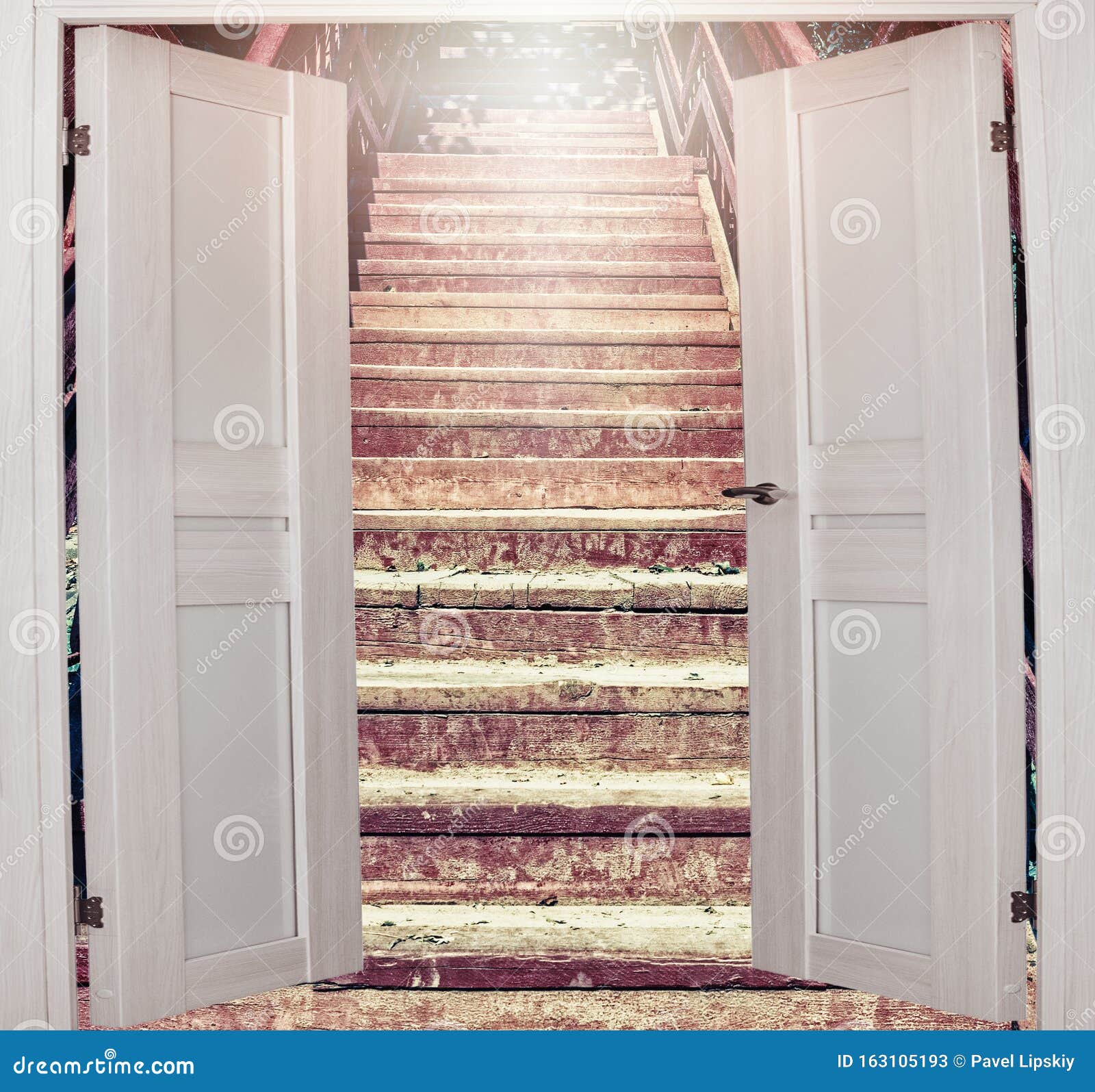 Opening Doors To Outdoor Space with Wooden Staircase Stock Image ...