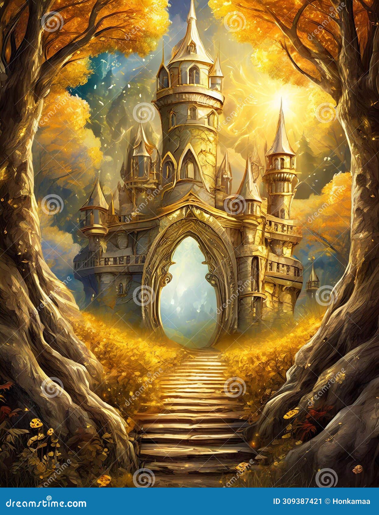 An Opening in the Golden Forest, Revealing a Magic Castle Stock ...
