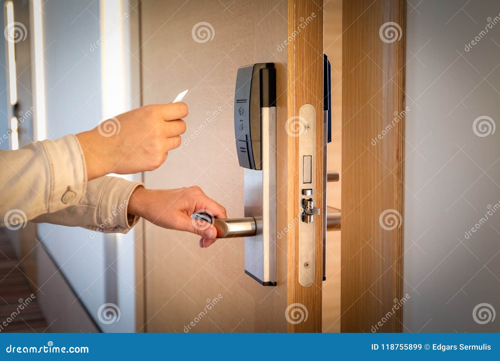 Opening a Hotel Door with Keyless Entry Card Stock Image - Image of ...
