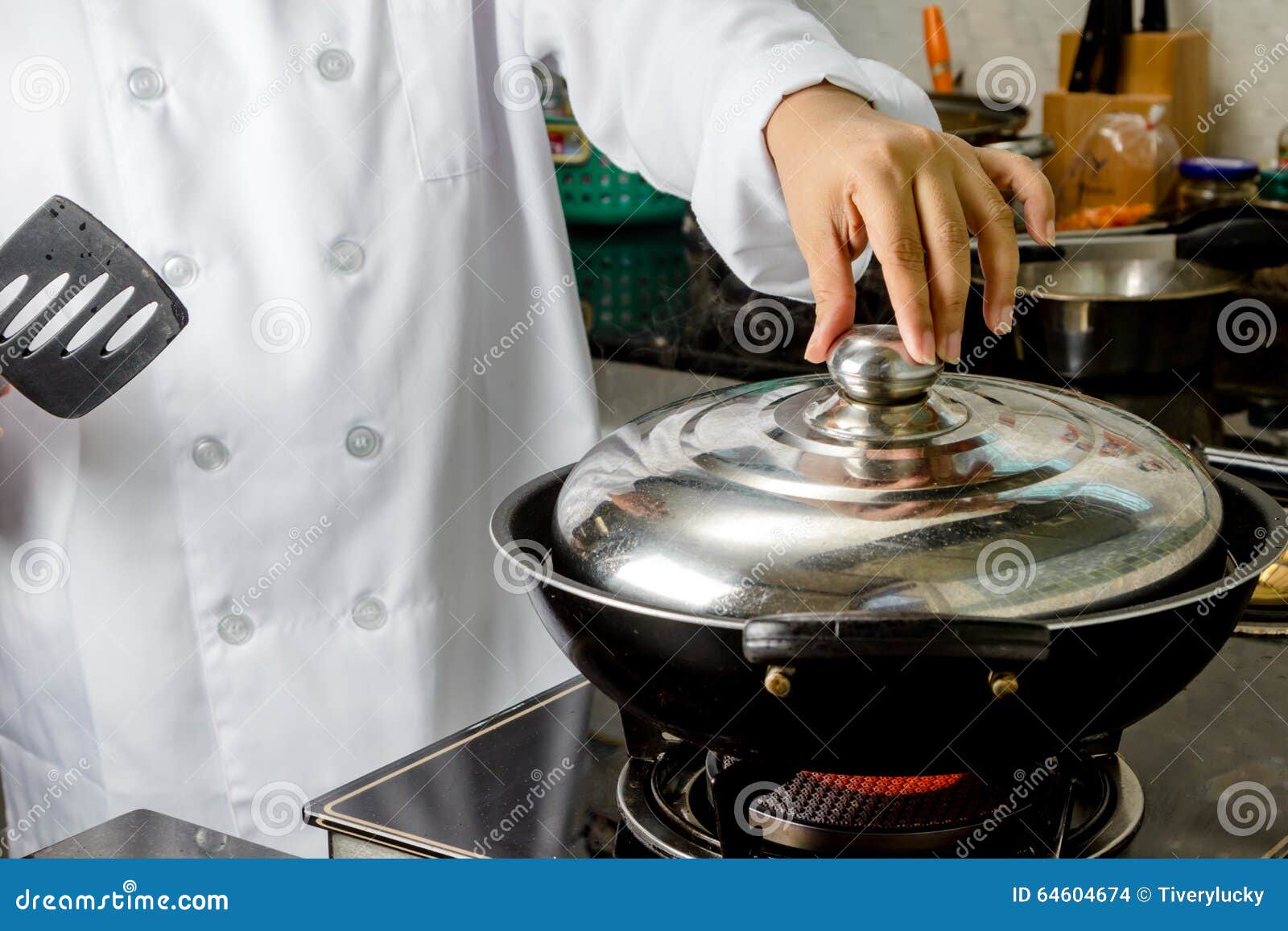 Opening the pan lid stock photo. Image of work, vegetables - 64604674