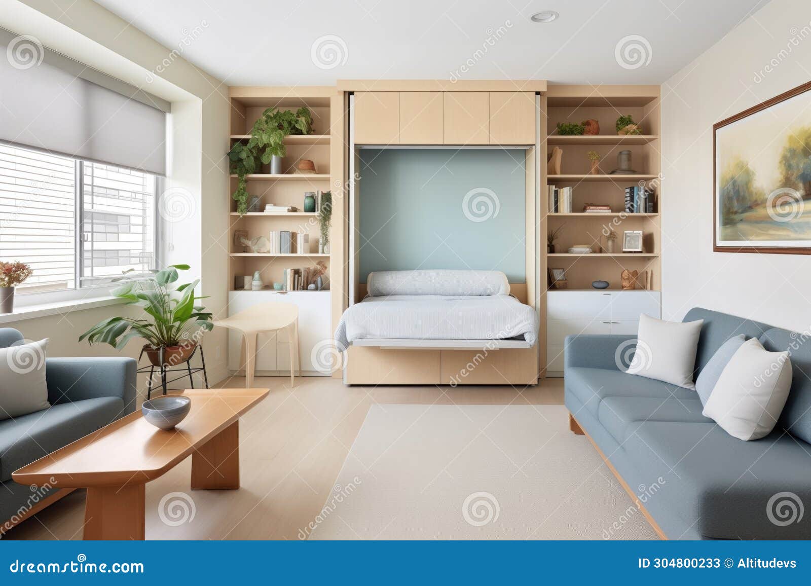 Openplan Studio Apartment with Murphy Bed and Builtin Shelves Stock ...