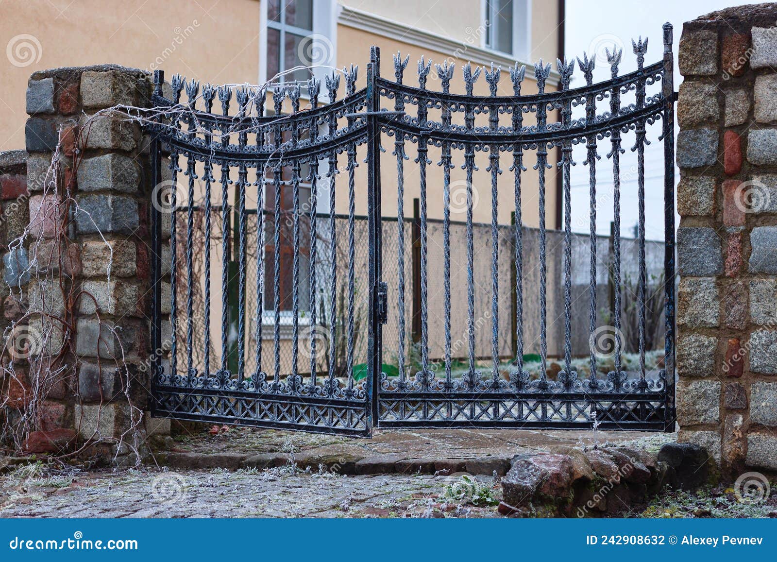 Openwork Metal Gate Covered with Frost Stock Photo - Image of elegant ...