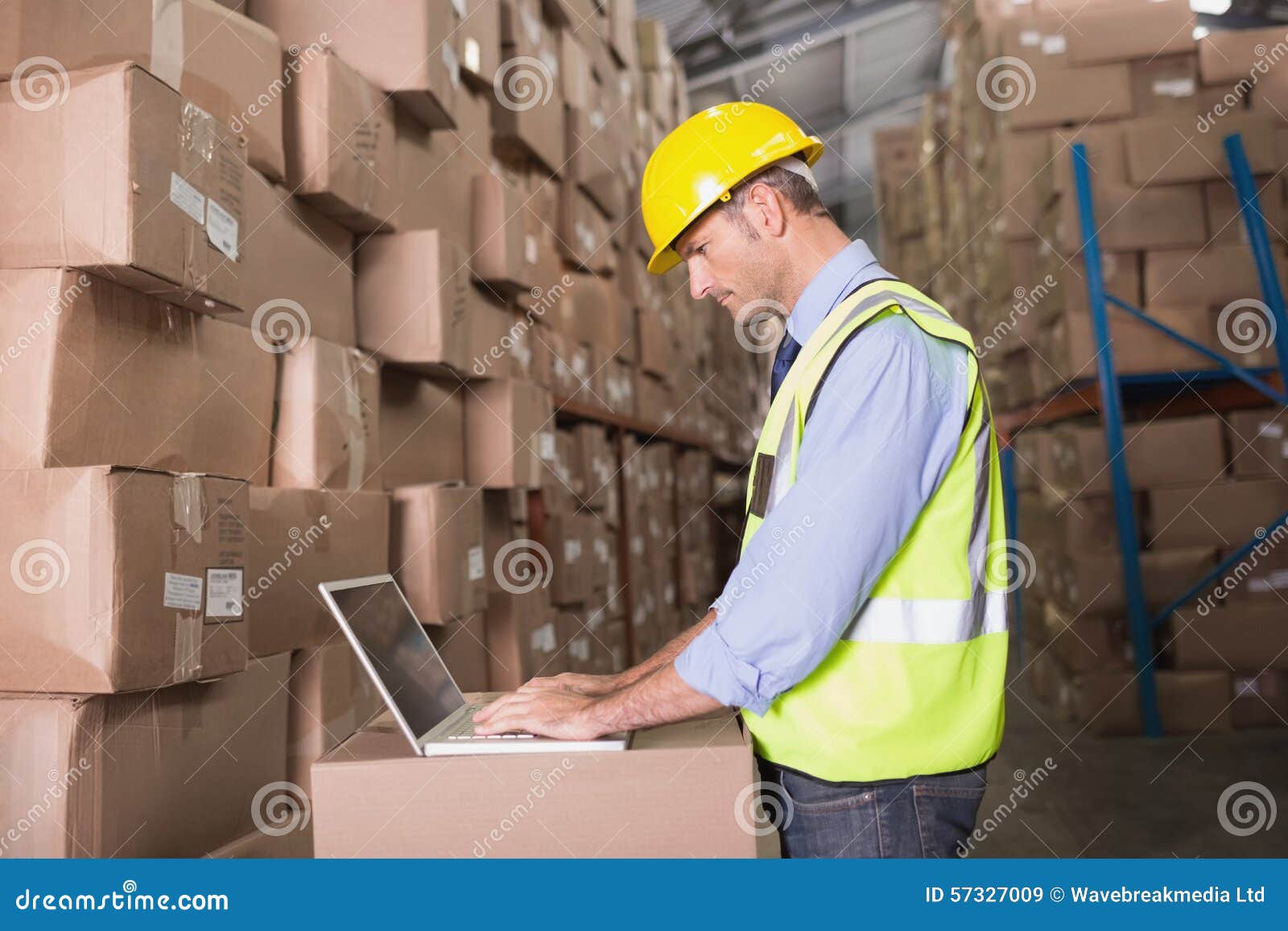 Operaio Che Per Mezzo Del Computer Portatile Al Magazzino Immagine ...