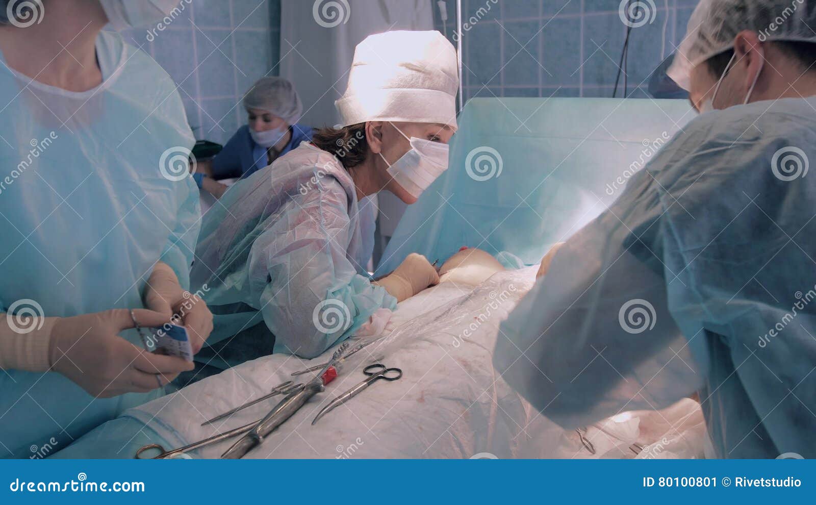 Operating Room during Surgery. All the Lights Turned on. the Surgeons ...