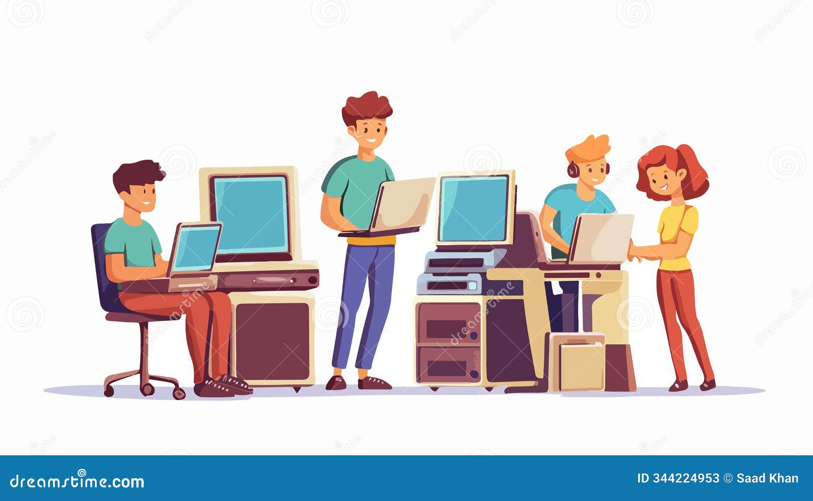 Operating System Error Men and Girls Next To Computer Displaying Error ...