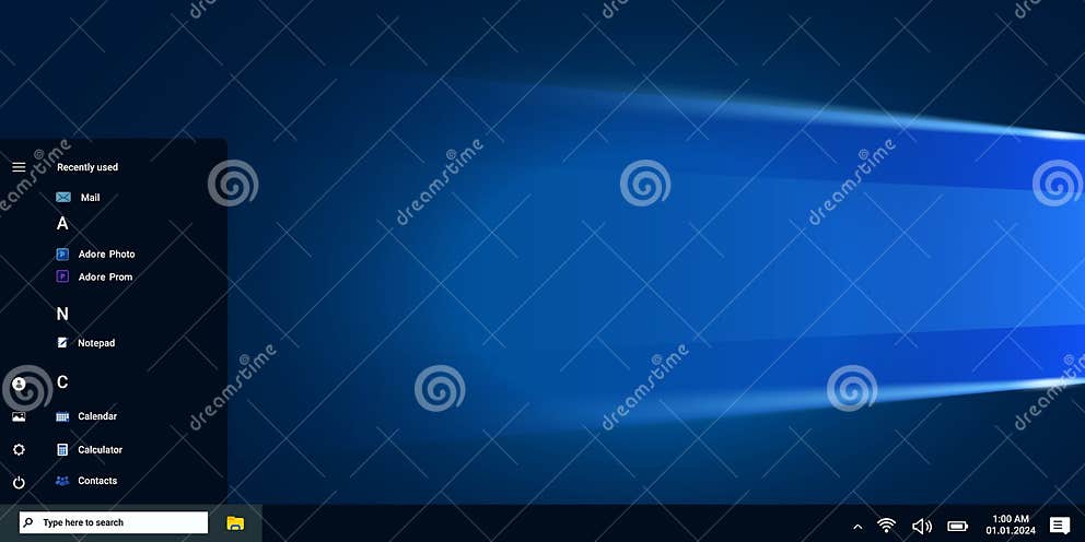 Operating System Window in Blue Dark Style with Start Menu and System ...