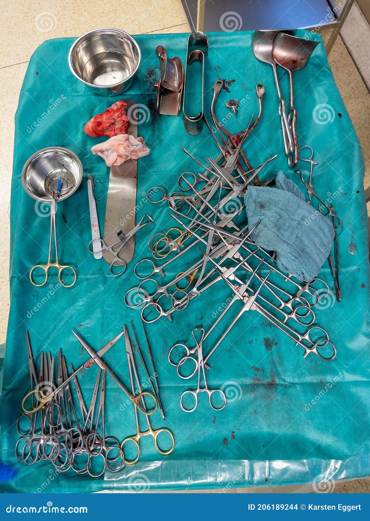 On the Operating Table Lie Used Surgical Instruments after a Cesarean ...