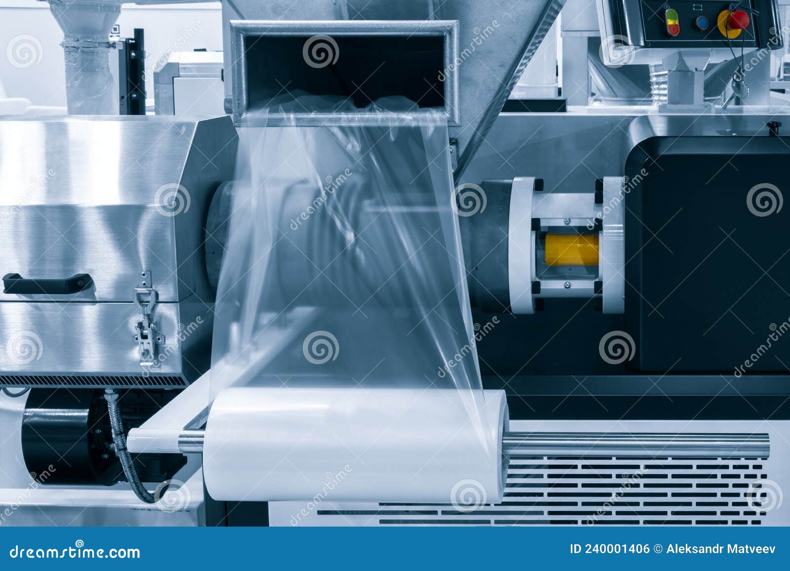 The Operation of Automatic Plastic Bag Production Machine. Close-up of ...