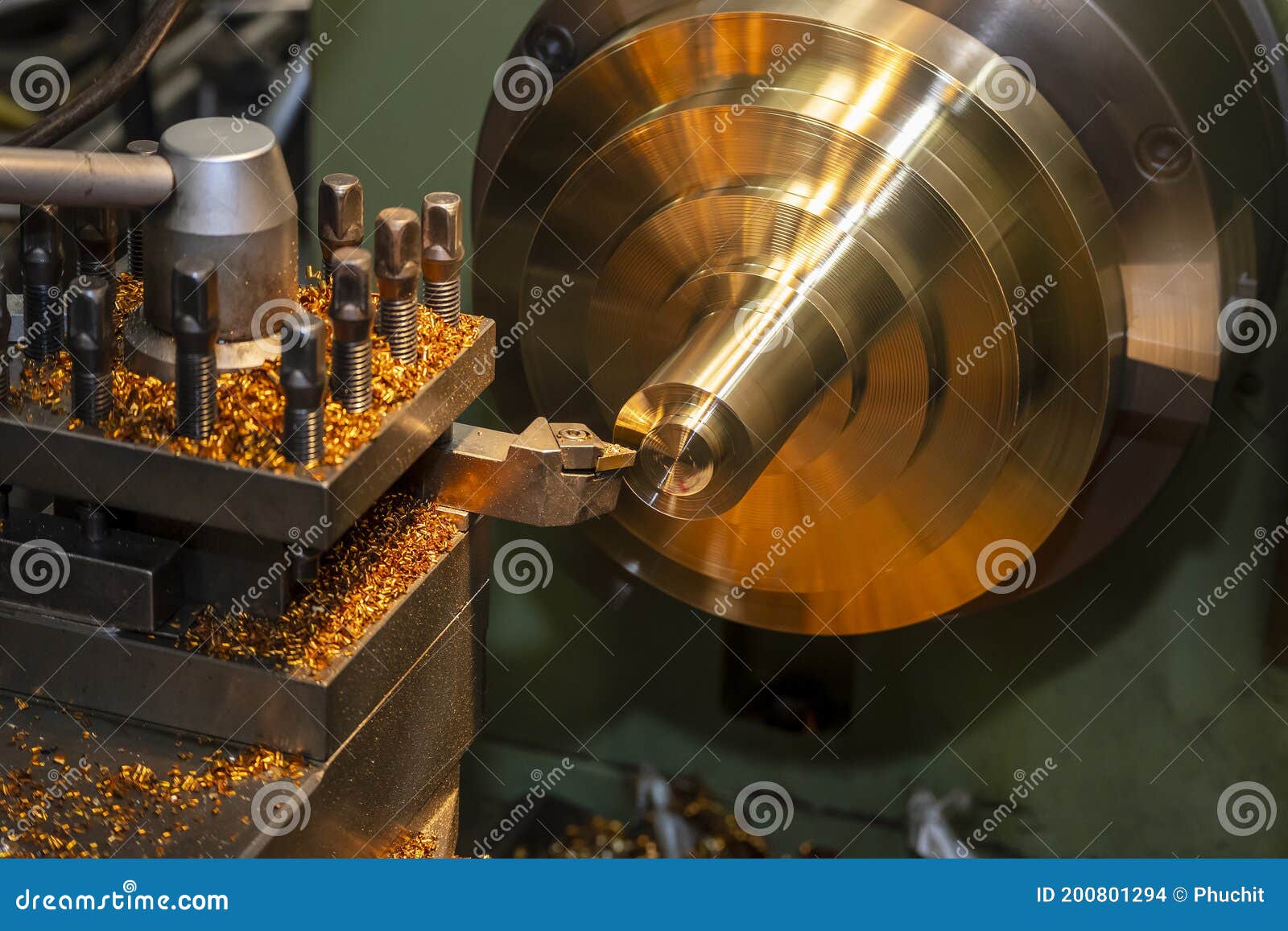 The Operation of Lathe Machine Cutting the Brass Material Parts with ...