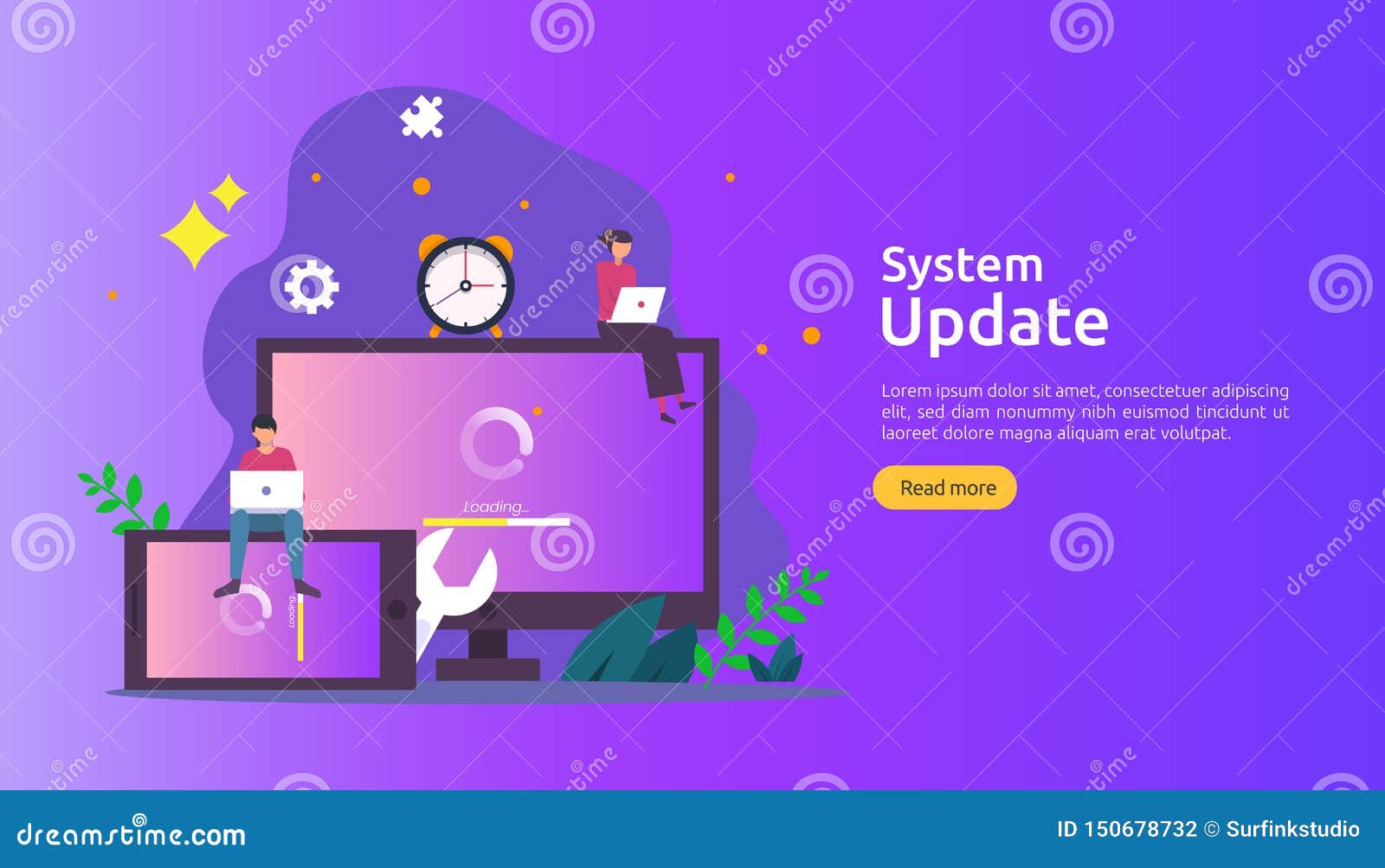 System Update. Maintenance Process. Man And Woman With Devices. Loading ...