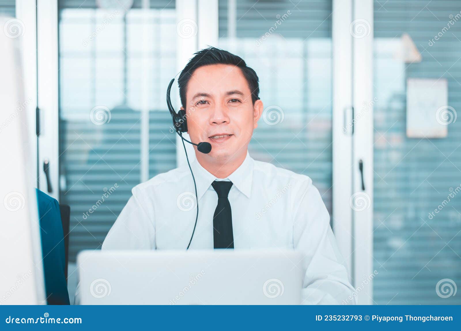 Operator Asian Smart Man Working with Headset at Workplace Stock Image ...