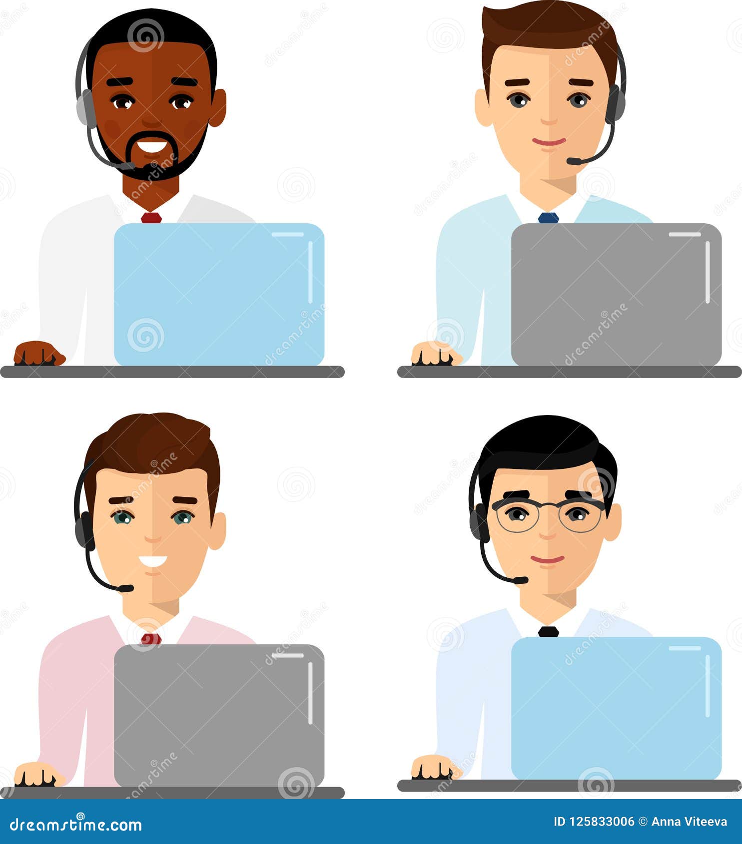 Operator of Call Center Office Working in Headphones with Mic Laptop ...