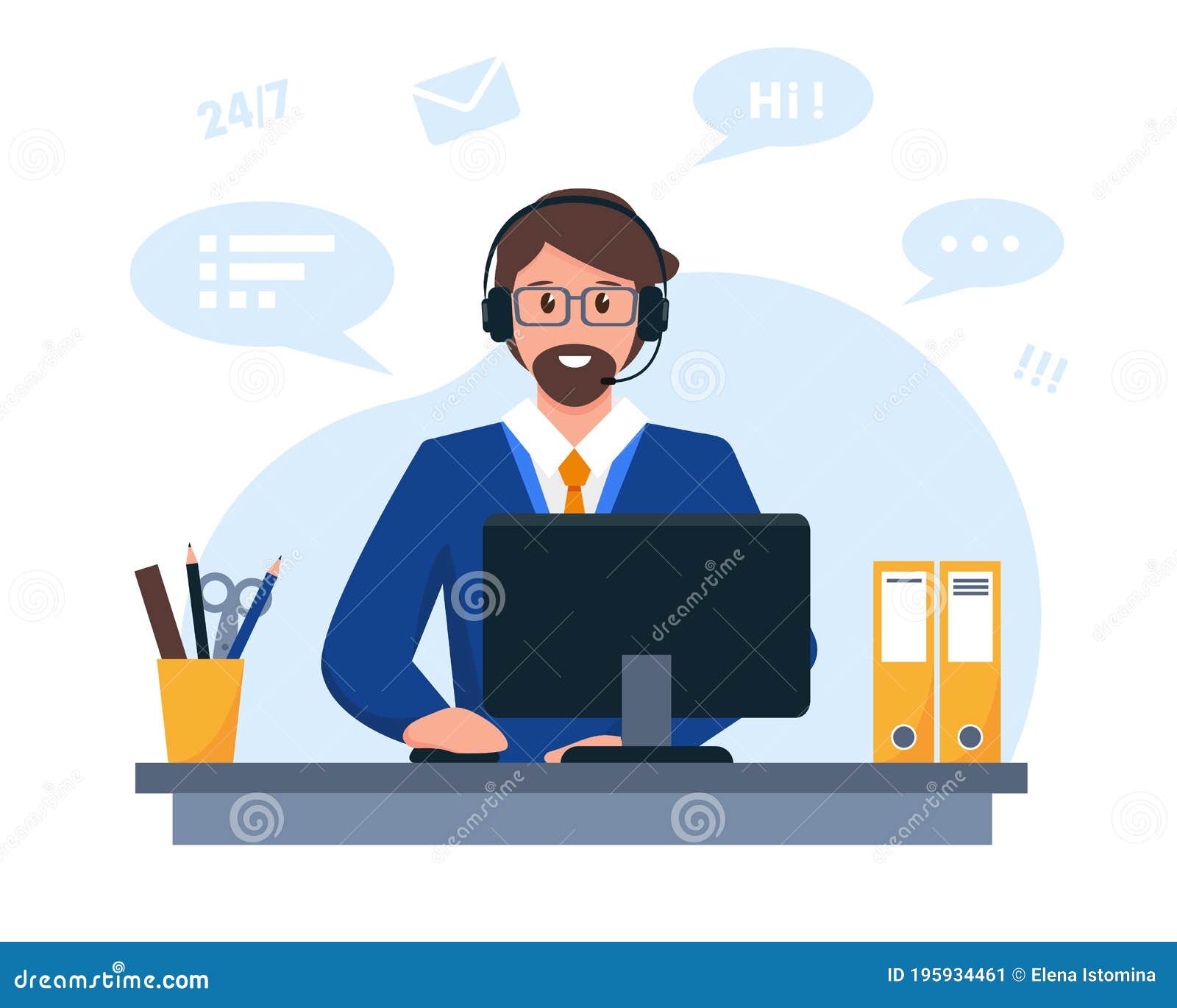 Operator of Call Center Working in Headphones Stock Vector ...