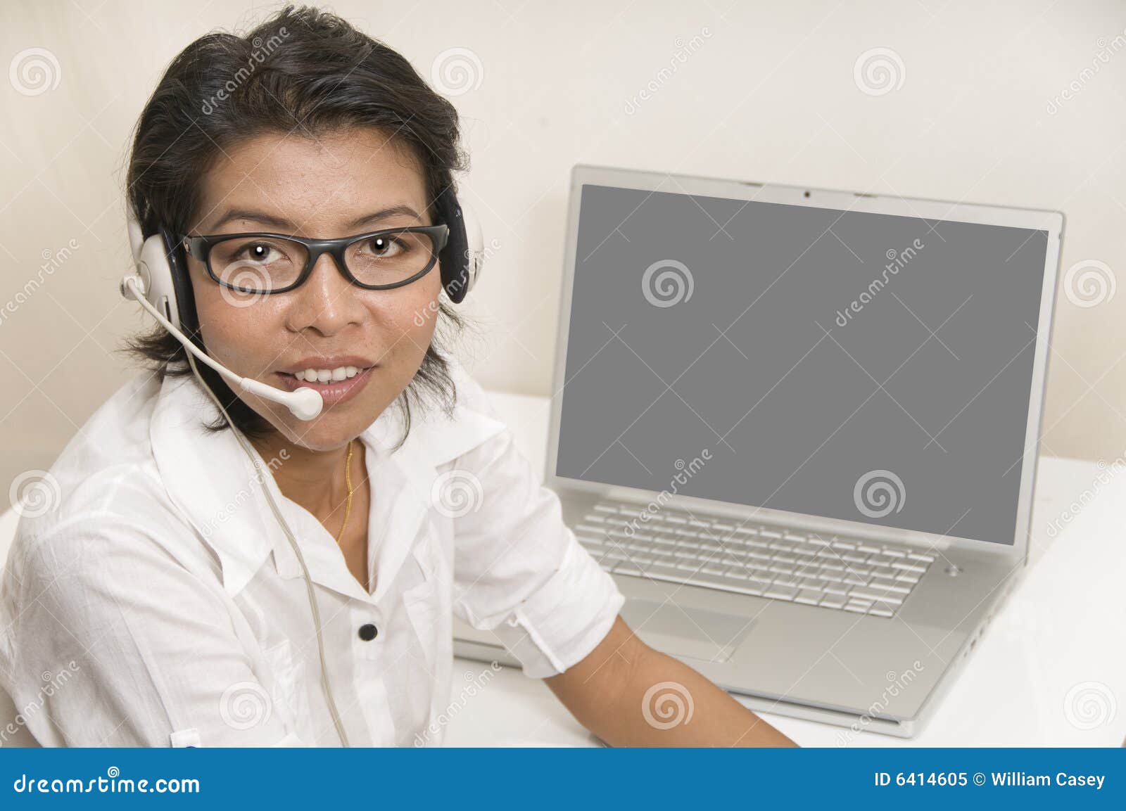 Operator with Computer with Blank Screen in White Stock Image - Image ...